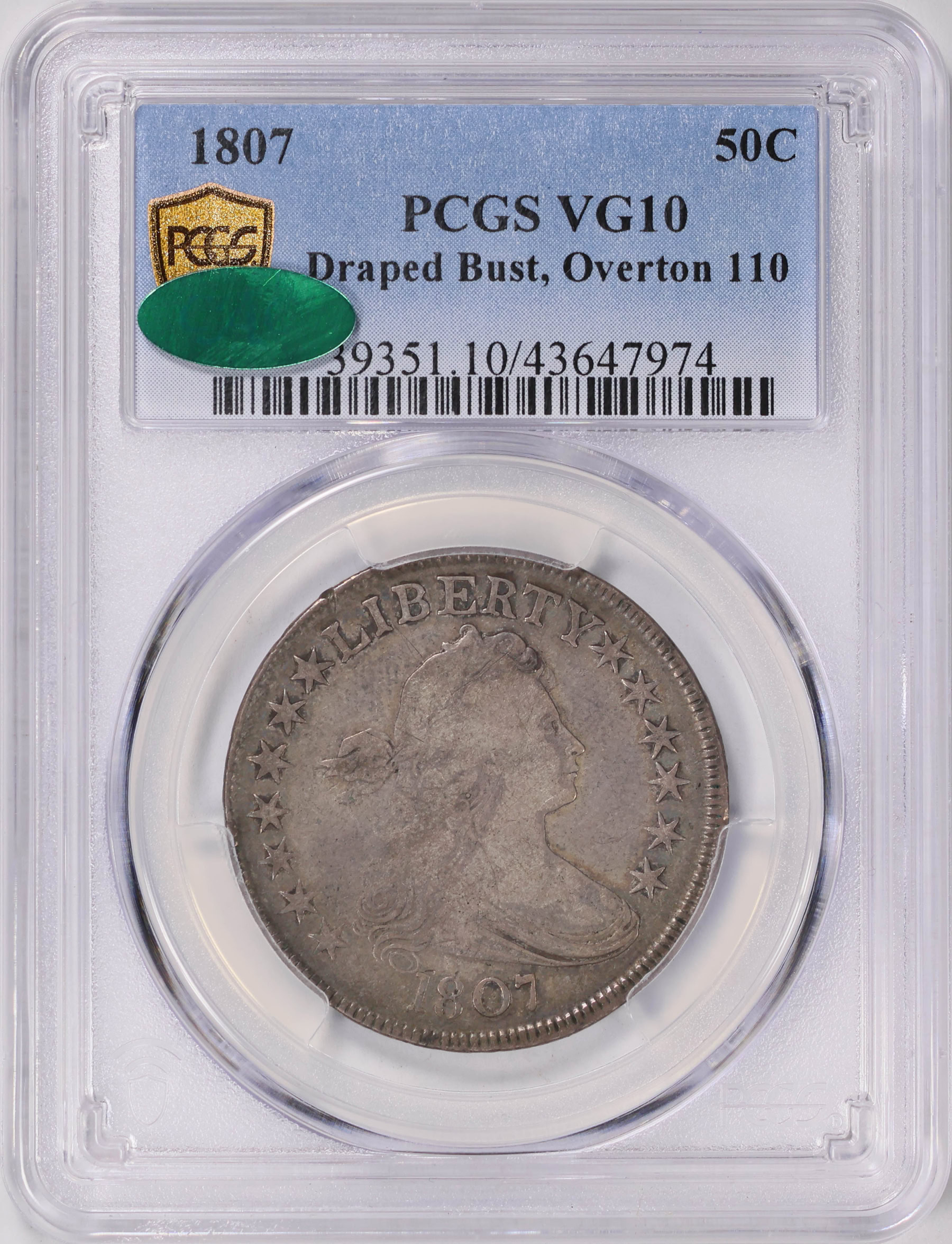 1807 Draped Bust Half Dollar Overton 110 PCGS VG-10 (CAC Green) (Item 1674004 ...