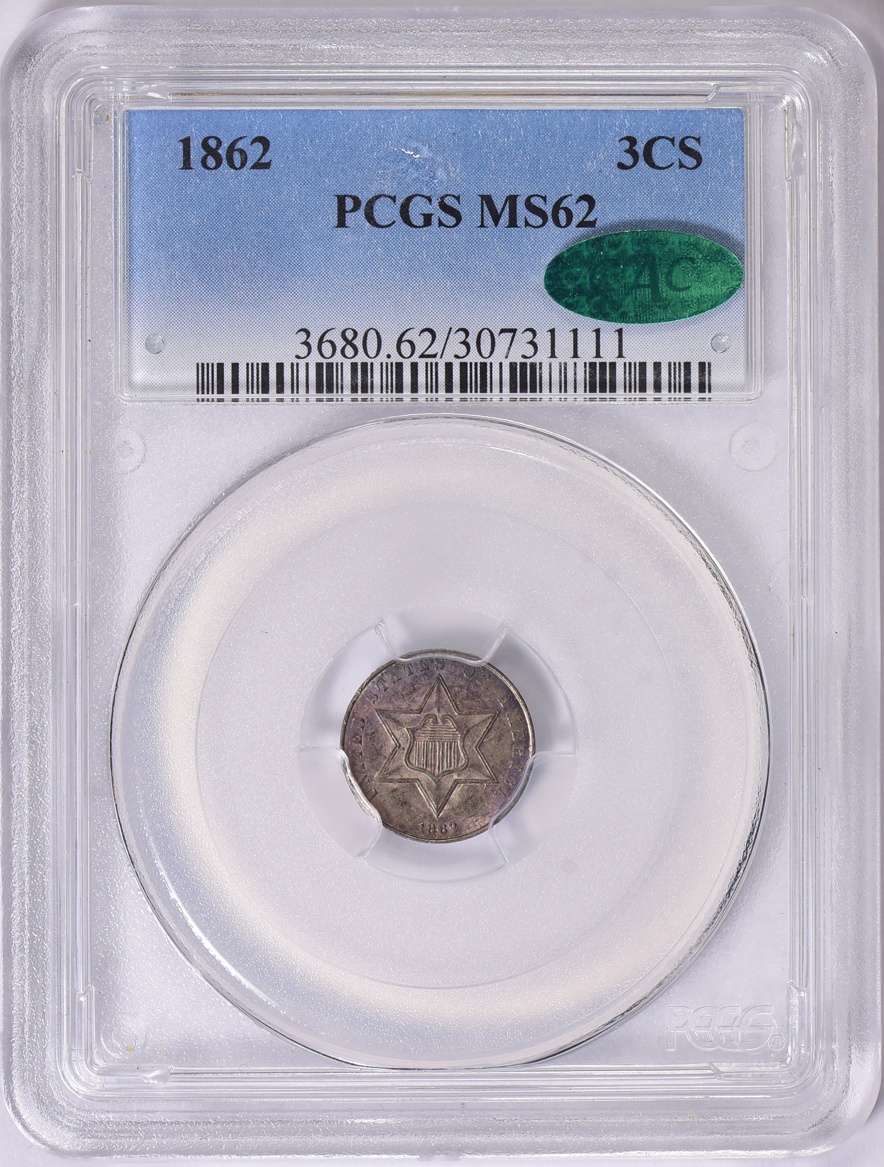 1862 Silver Three-Cent Piece PCGS MS-62 (CAC Green) (Toned) (Item ...