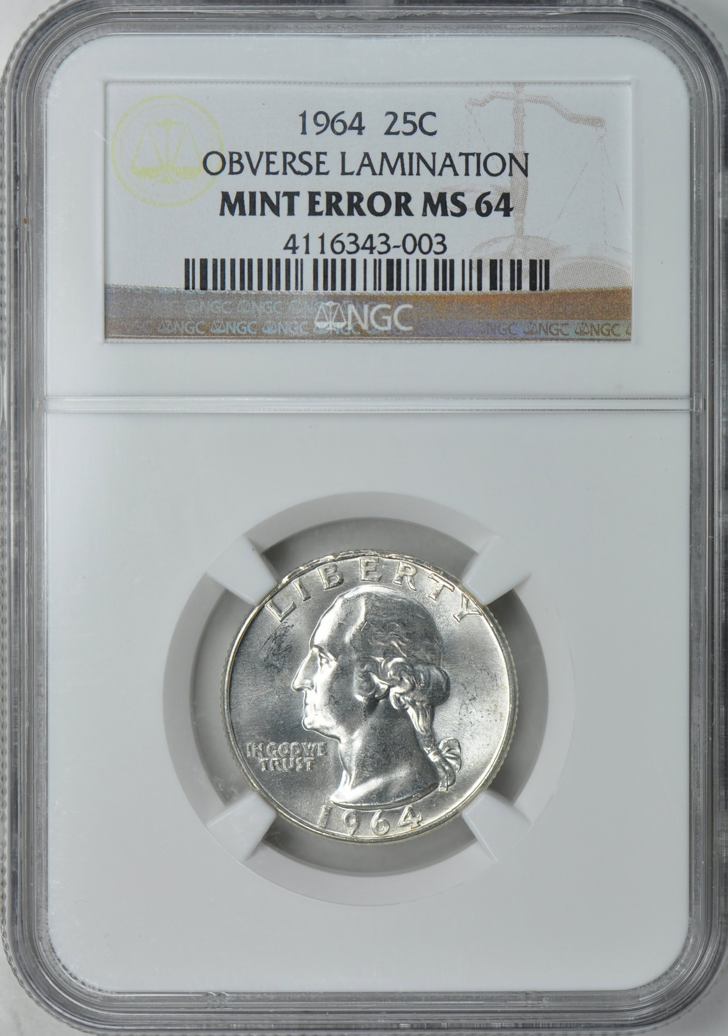 Mint Error 1964 Washington Quarter Obverse Lamination NGC MS-64 | NGC ...