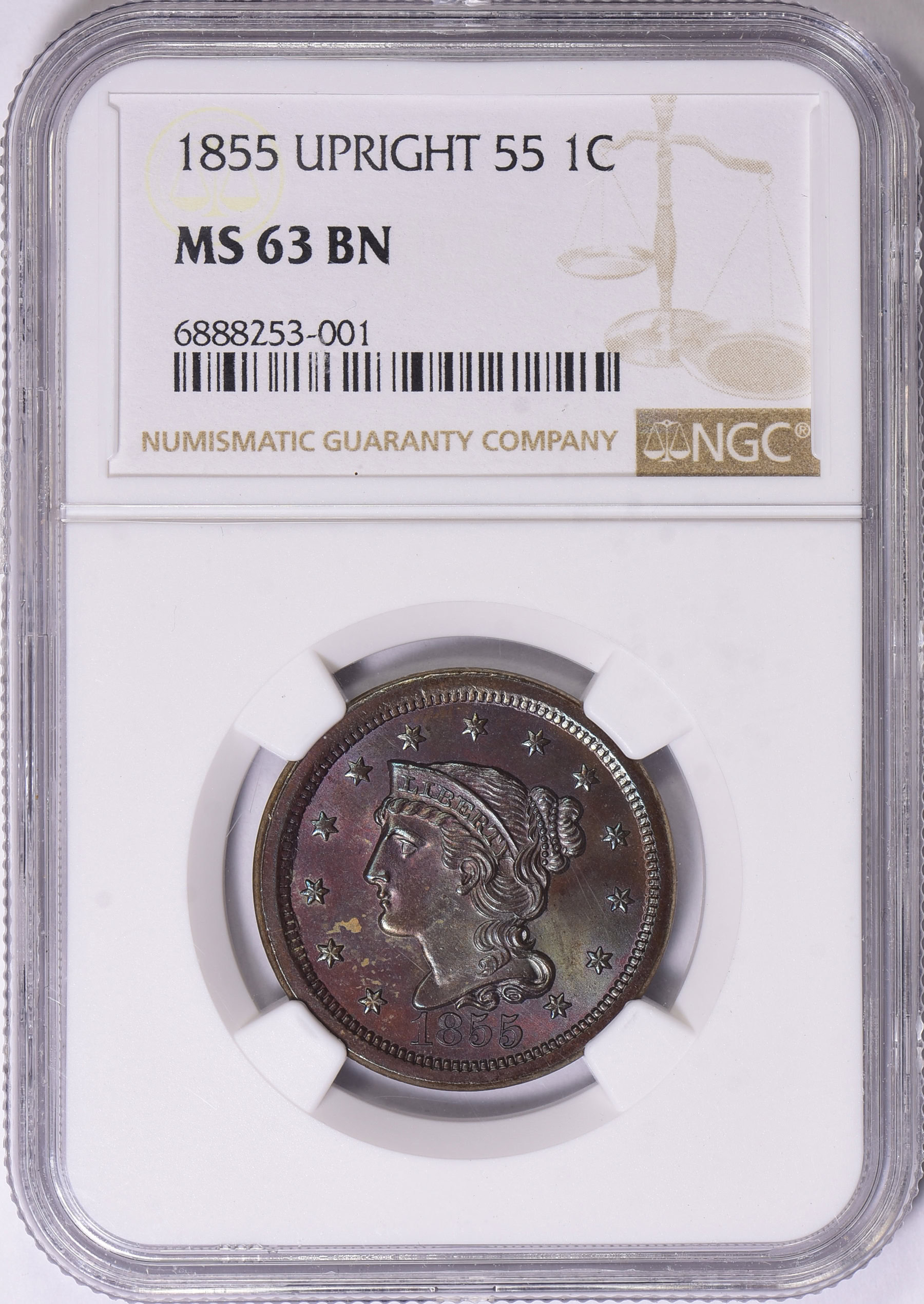 1855 Braided Hair Cent Upright 55 NGC MS-63 BN (Toned) (Item 1674860 ...