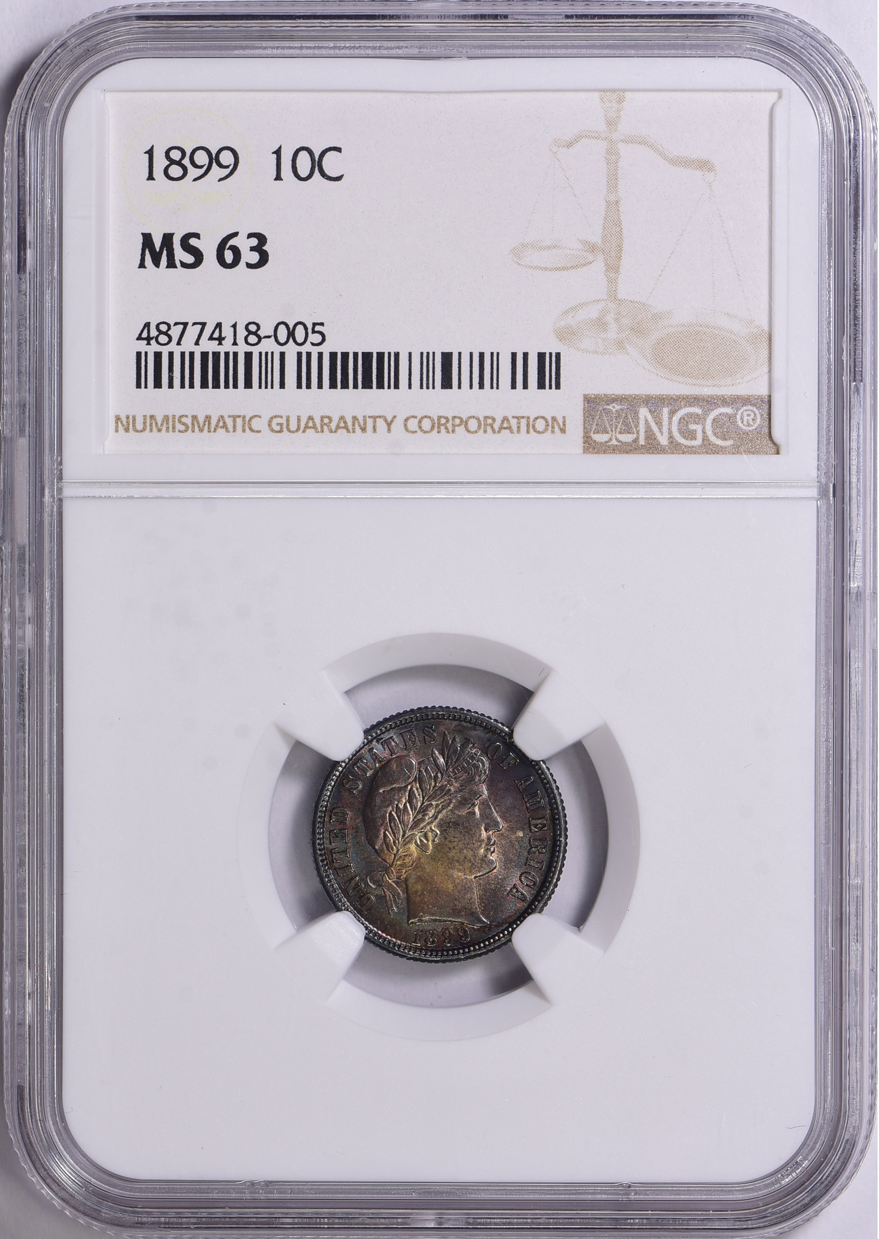 1899 Barber Dime NGC MS-63 (Toned) (Item 1674981) | GreatCollections Coin Auctions