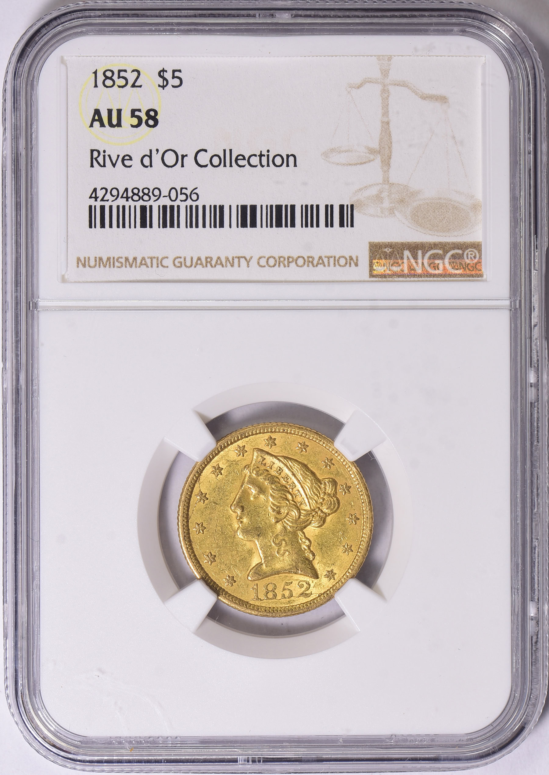 1852 Liberty Gold Half Eagle NGC AU-58 (Rive d'Or Collection) (Item 1675015) | GreatCollections ...