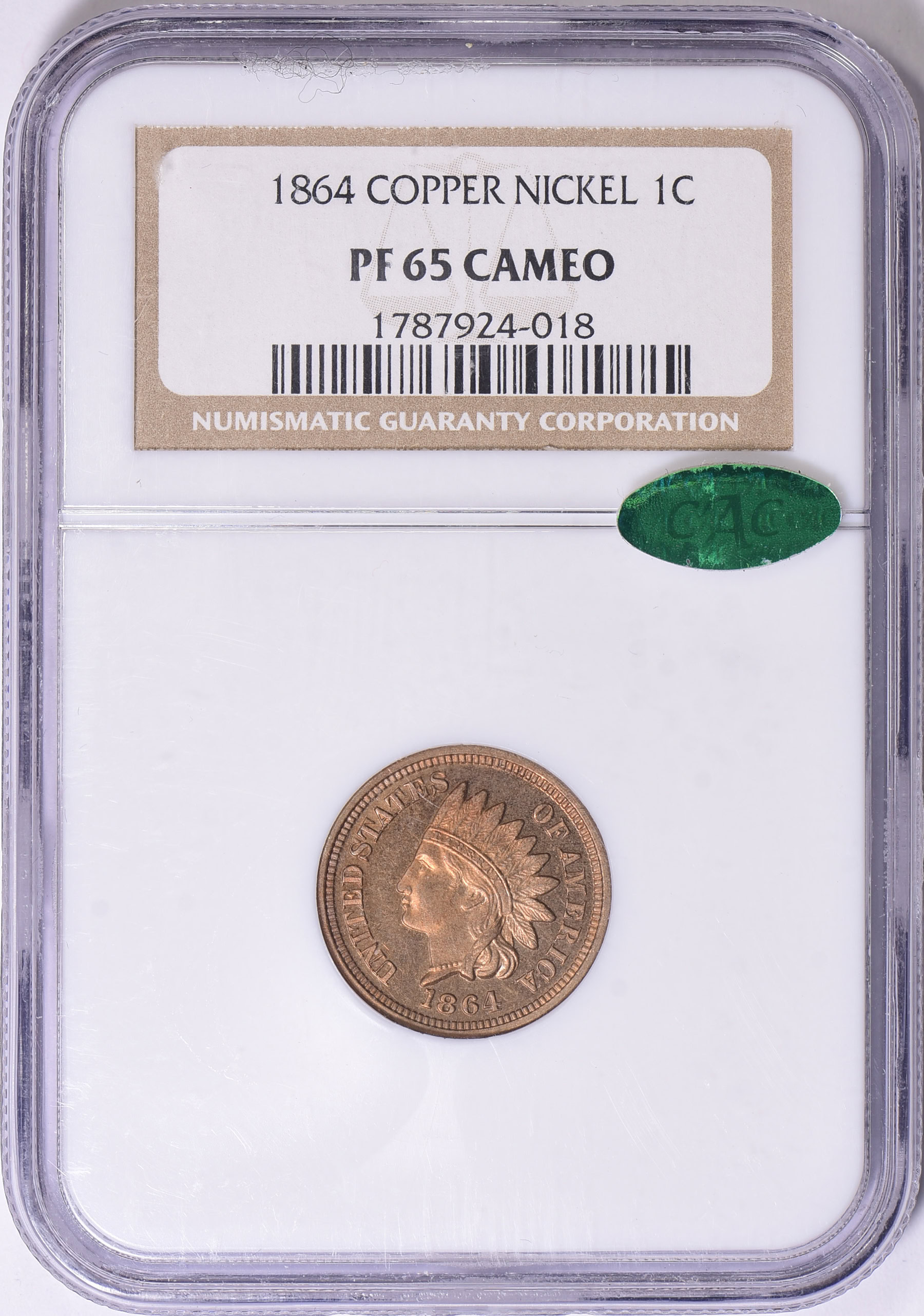 1864 Indian Cent Copper-Nickel NGC Proof-65 CAMEO (CAC Green) (Item ...