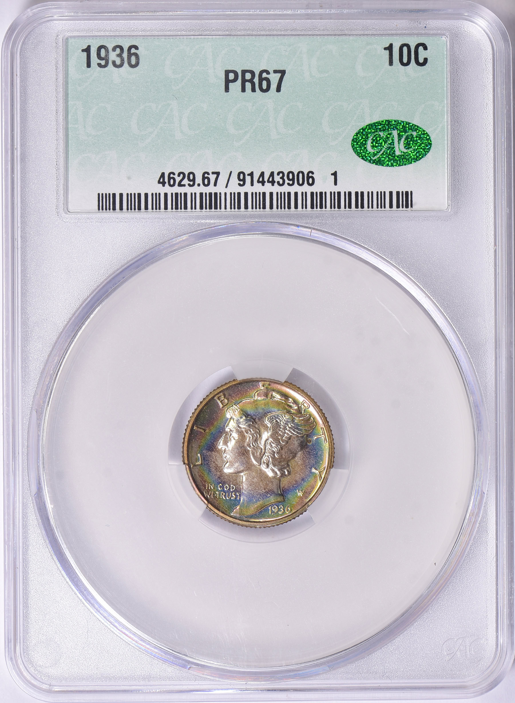 1936 Mercury Dime CACG Proof-67 (Toned) (Item 1675323) | GreatCollections Coin Auctions