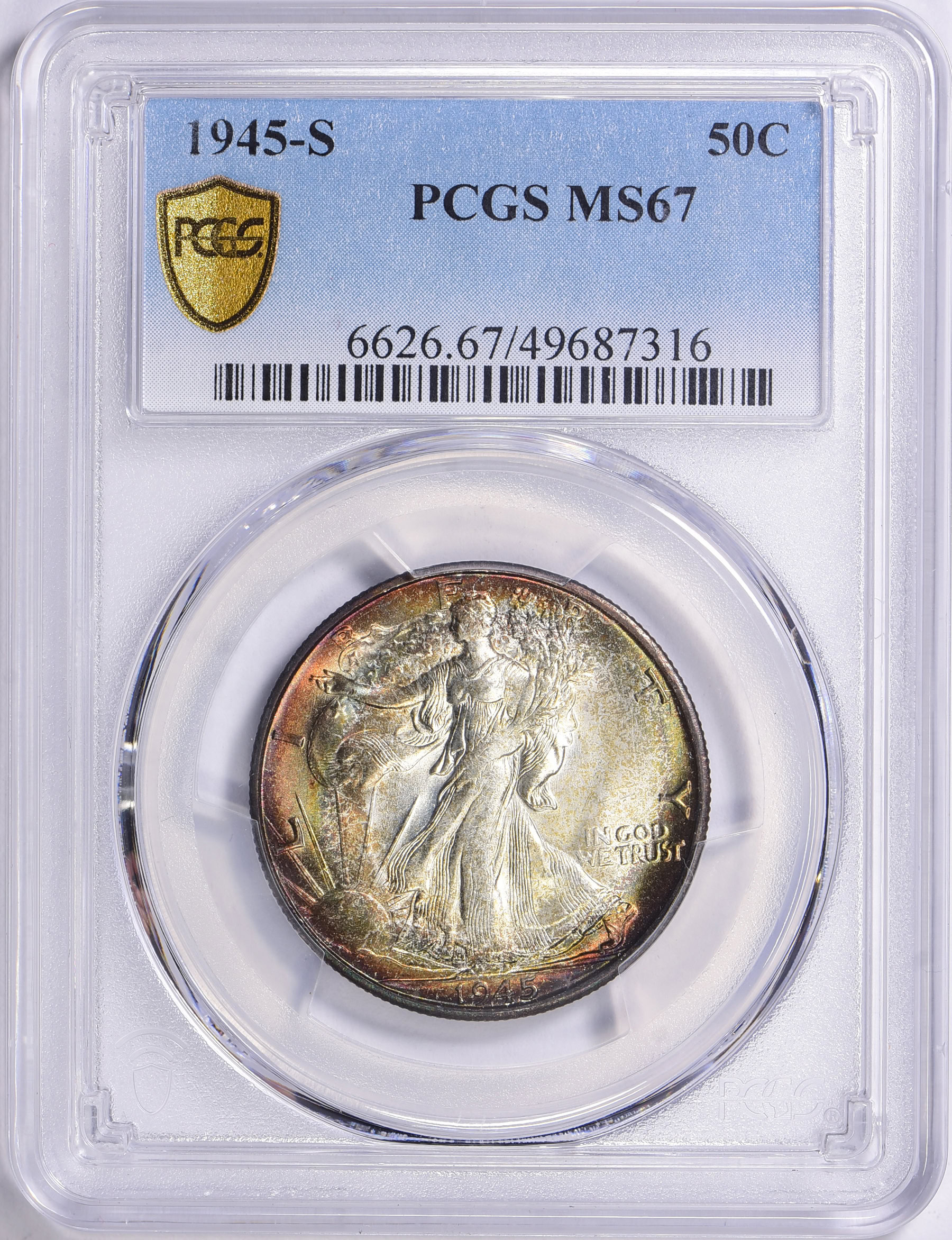 1945-S Walking Liberty Half Dollar PCGS MS-67 (Toned) (Item 1675332) | GreatCollections Coin ...