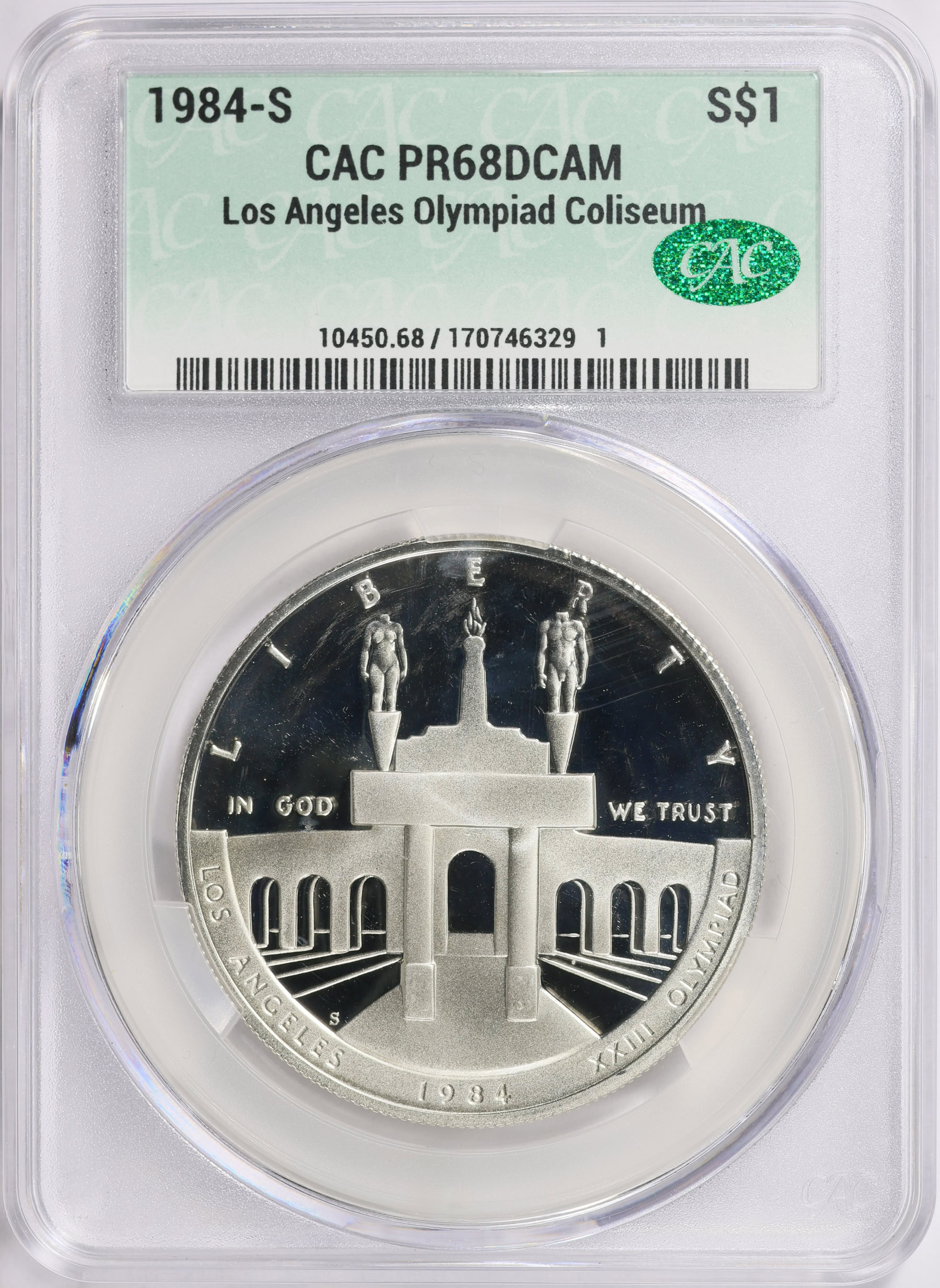 1984-S Los Angeles XXIII Olympiad Coliseum Silver Dollar CACG Proof-68 ...