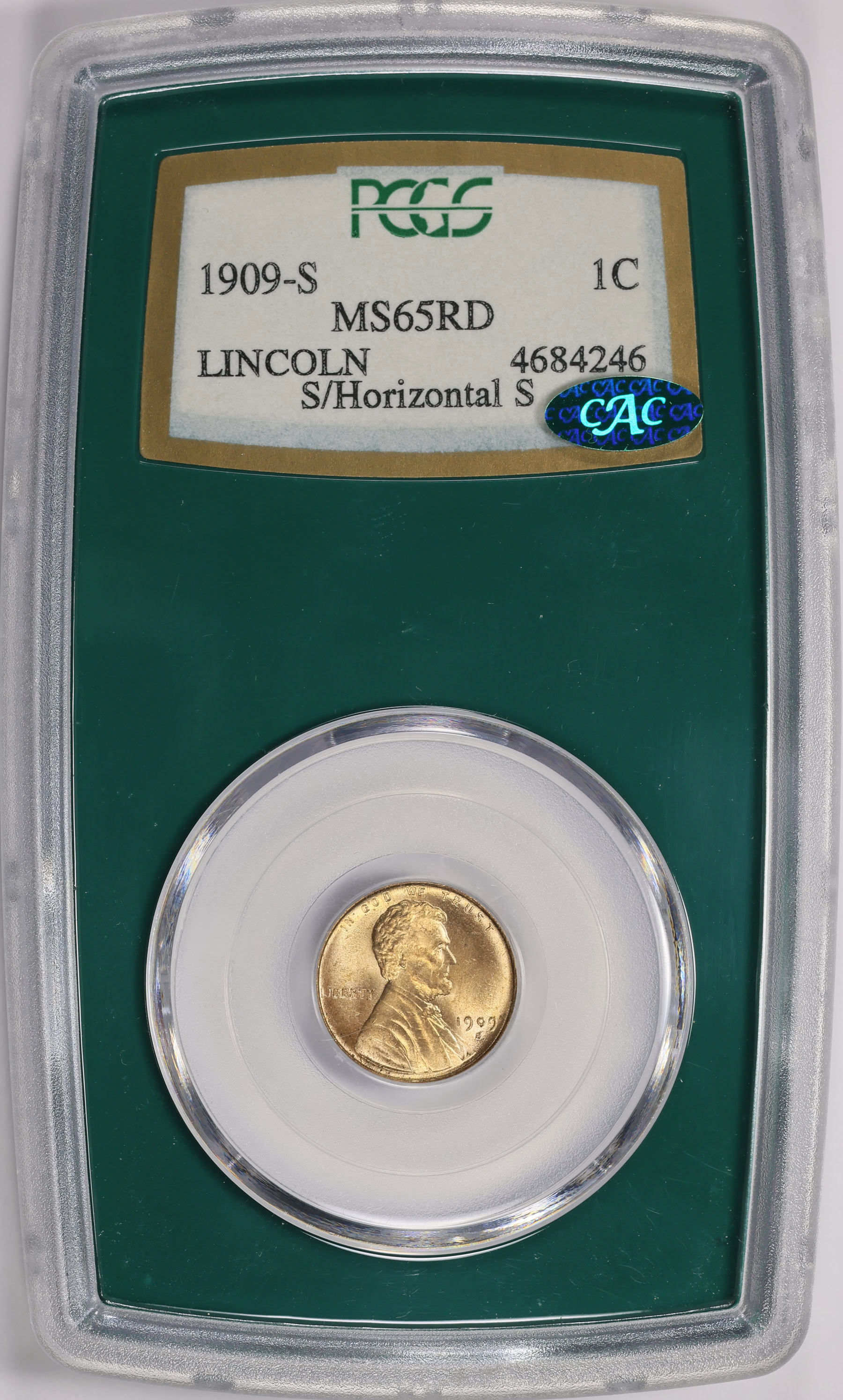 1909-S Lincoln Cent S/Horizontal S PCGS MS-65 RD (CAC Green) (PCGS ...