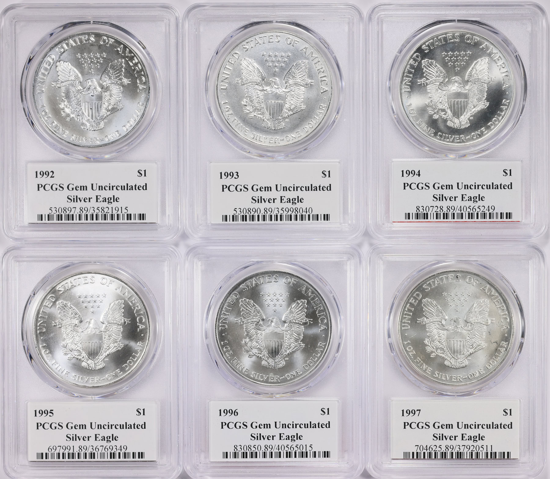 1986 - 2010 $1 Silver Eagle Date Run PCGS Gem Uncirculated (Mercanti ...
