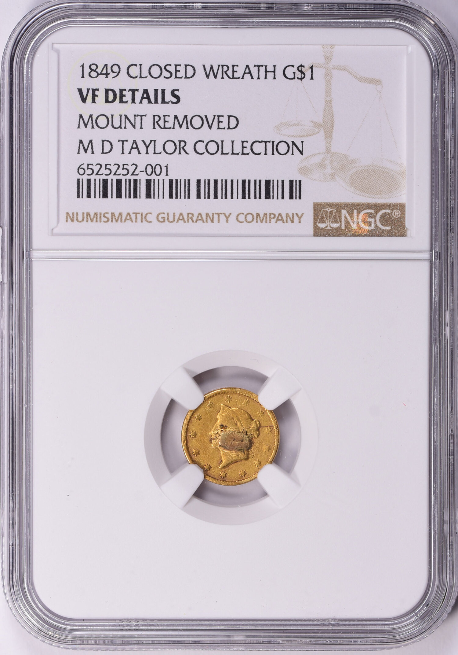 1849 Liberty Gold Dollar Closed Wreath NGC VF Details (M D Taylor ...