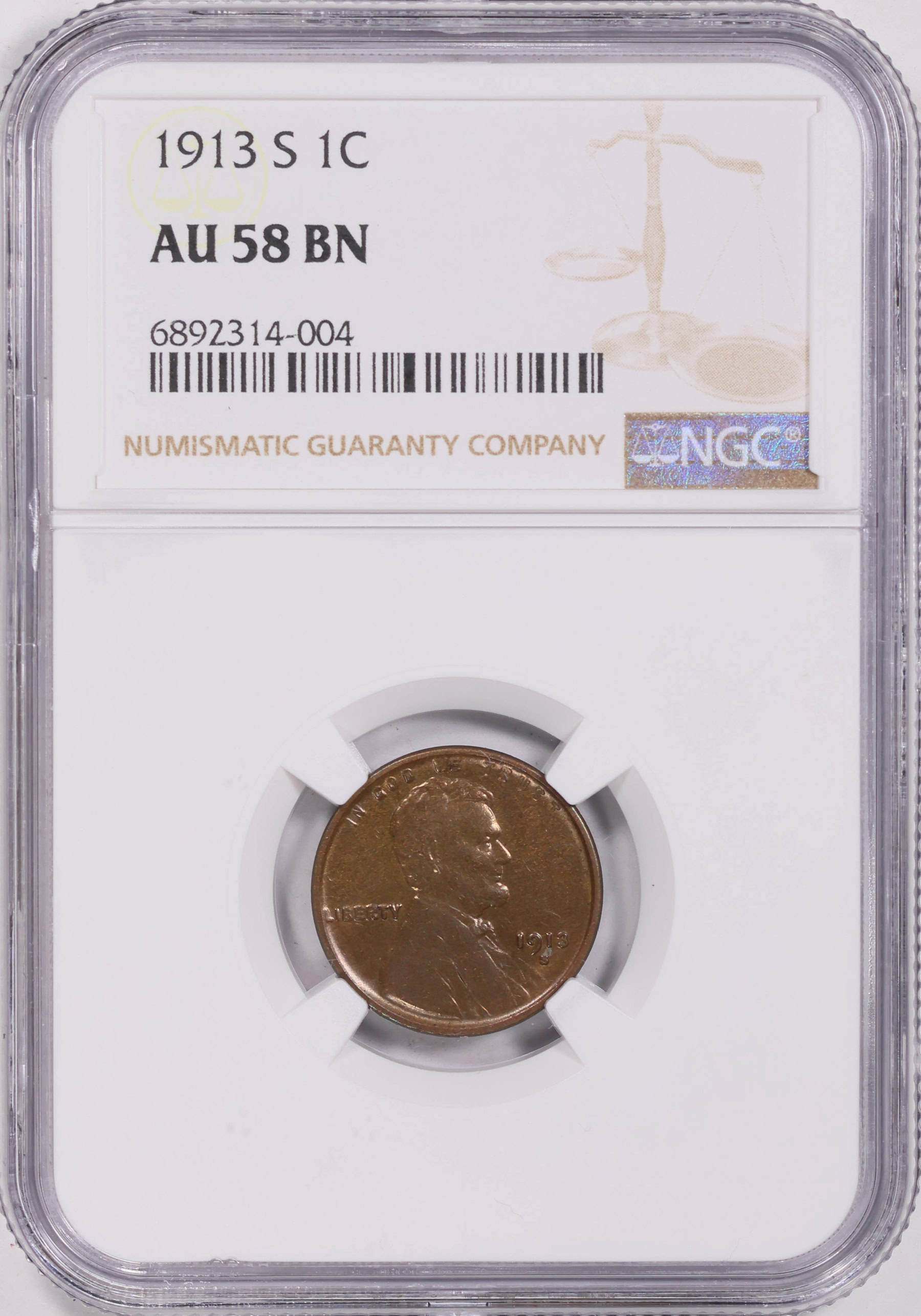 1913-S Lincoln Cent NGC AU-58 BN (Item 1676510) | GreatCollections Coin Auctions
