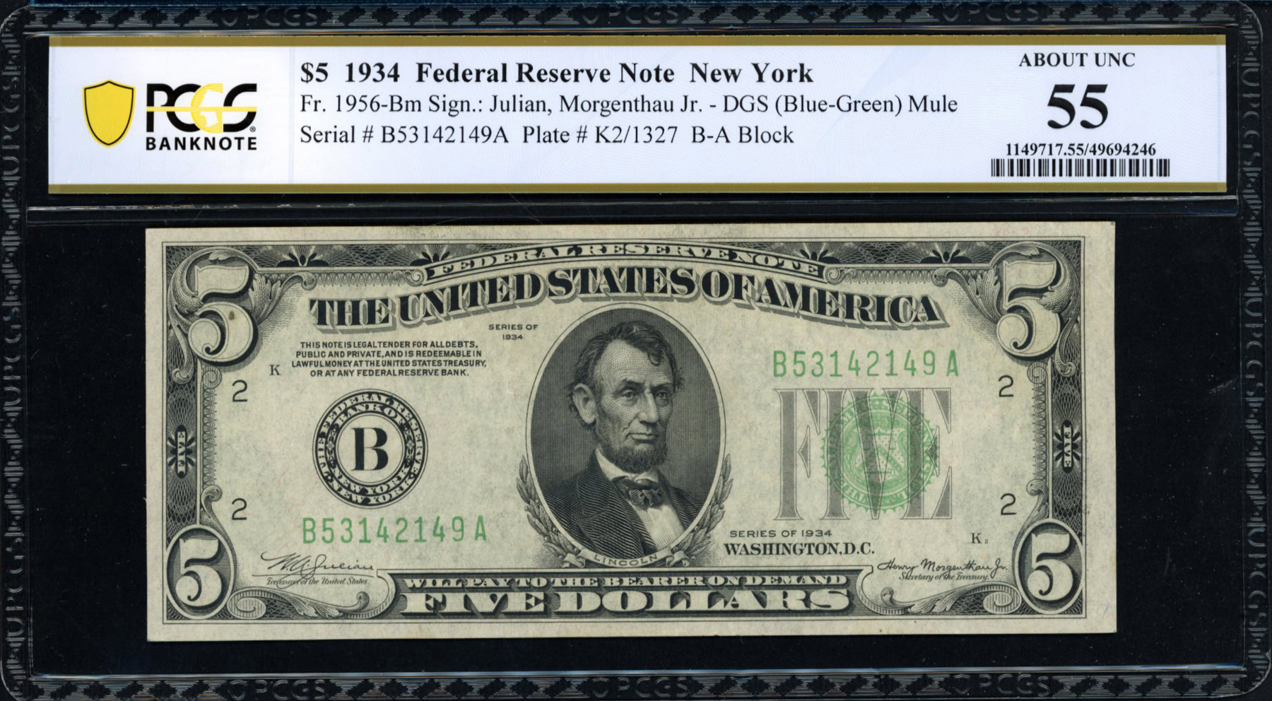 Fr. 1956-Bm (BA Block) 1934 $5 New York Federal Reserve Mule Note ...