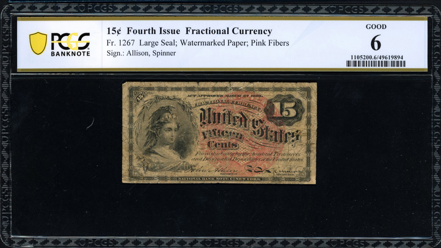 Fr. 1267 Fourth Issue 15 Cents Fractional Currency Note Allison ...