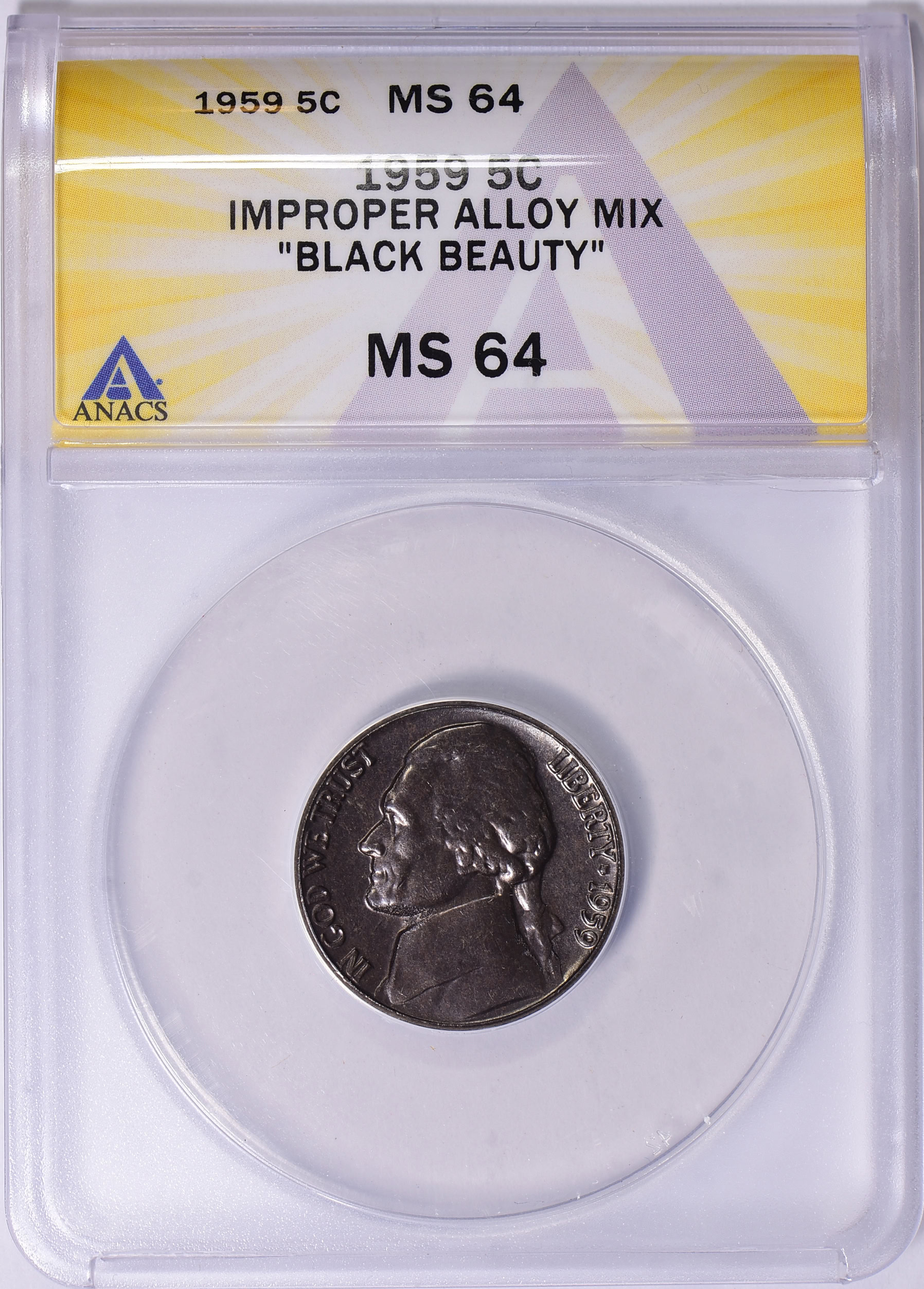 1959 Jefferson Nickel Improper Alloy Mix Black Beauty ANACS MS-64 (Item ...