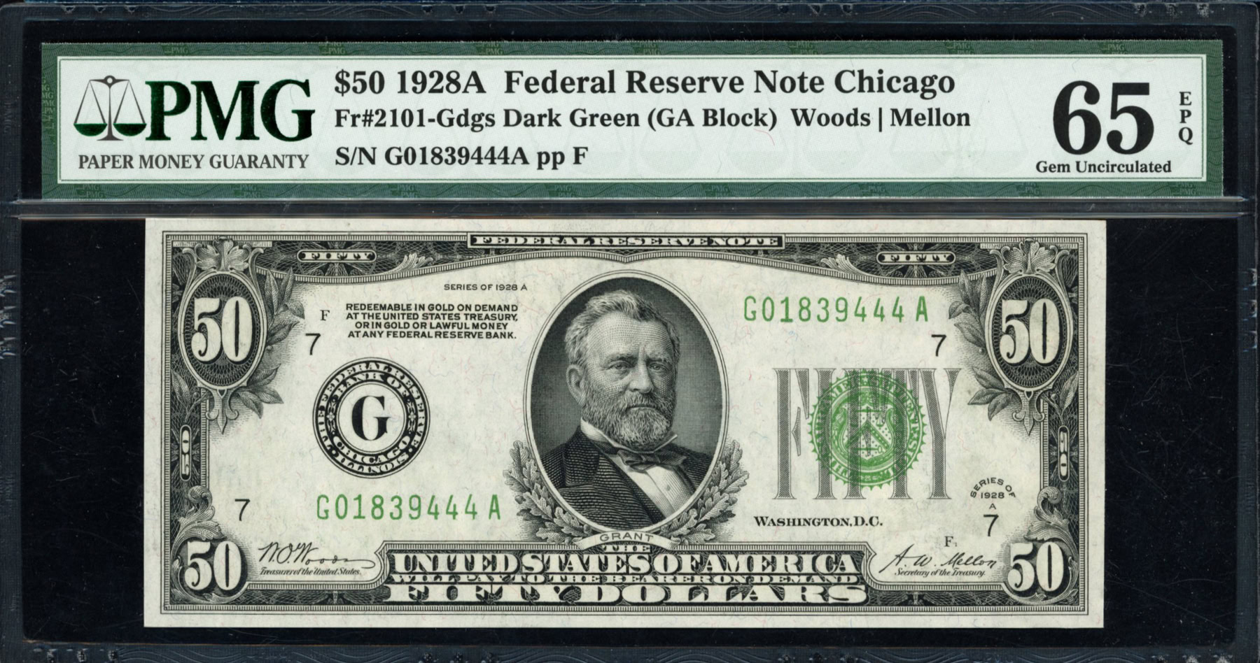 Fr. 2101-Gdgs Dark Green (GA Block) 1928A $50 Chicago Federal Reserve ...