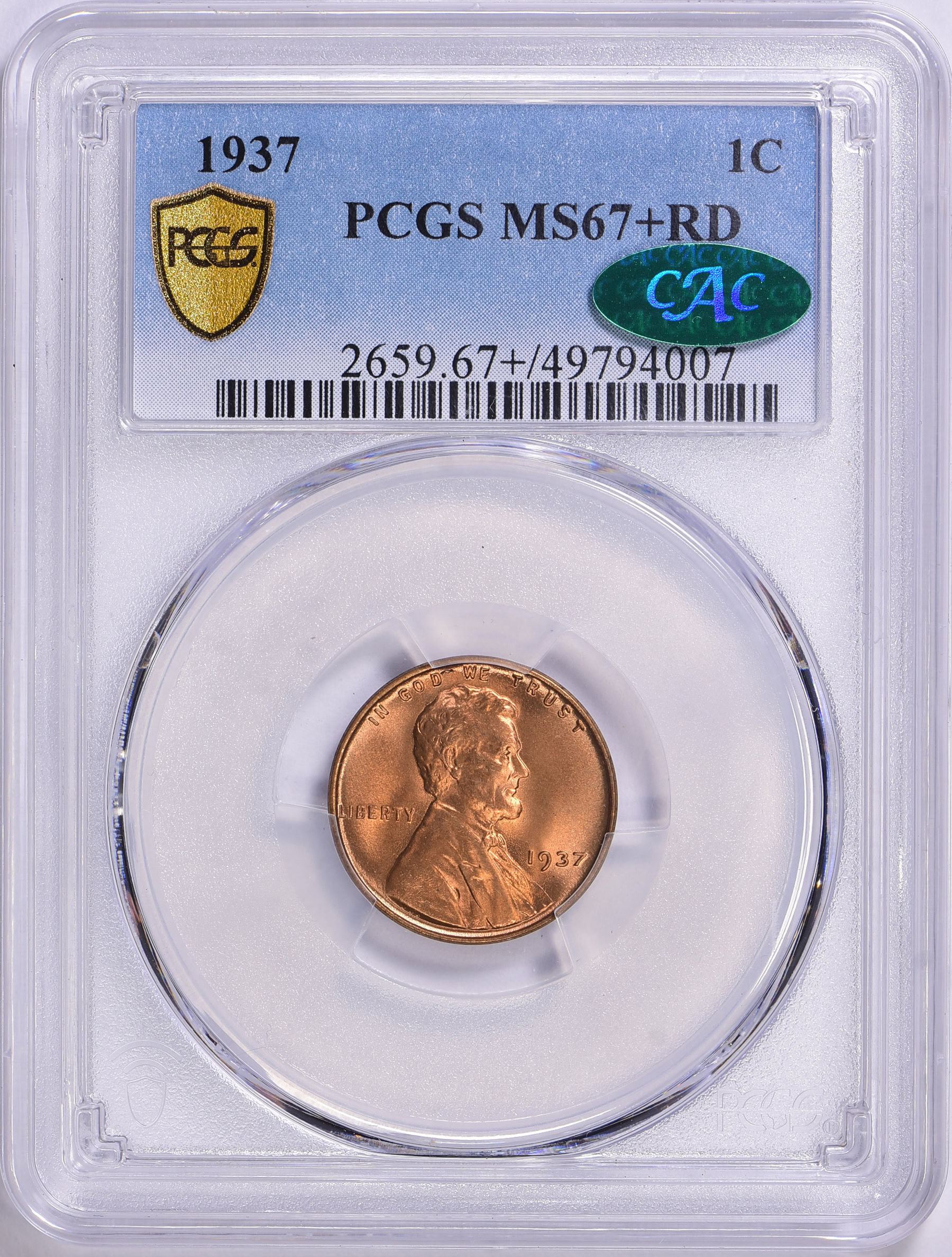 1937 Lincoln Cent PCGS MS-67+ RD (CAC Green) (Item 1676712) | GreatCollections Coin Auctions