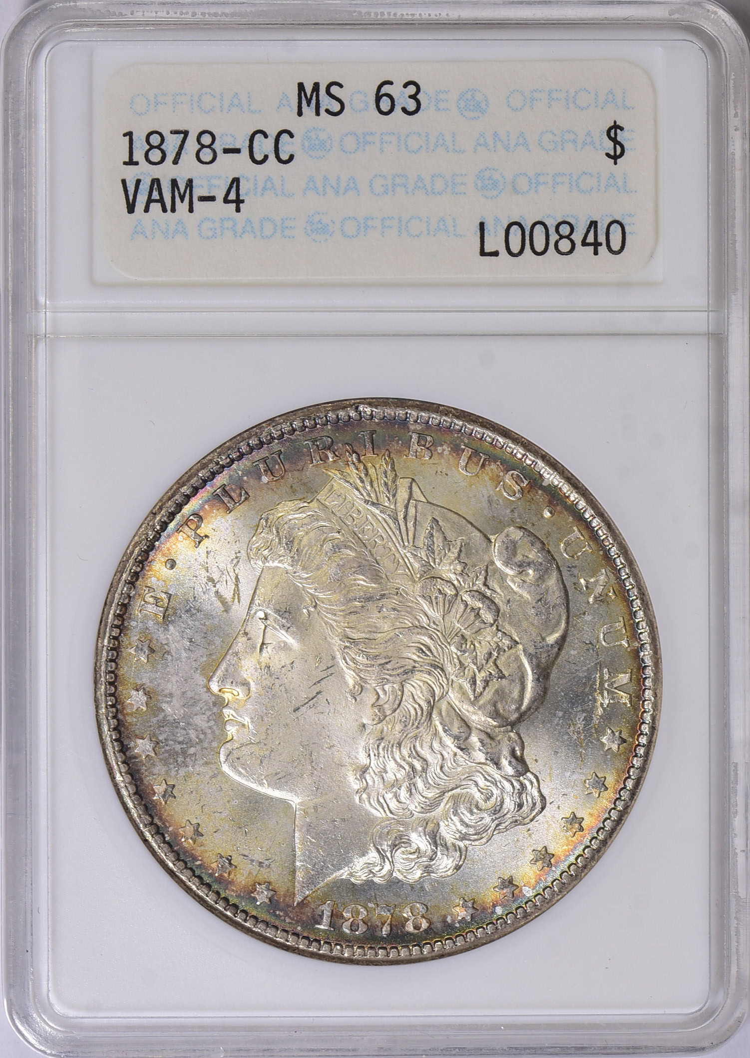 1878-CC Morgan Silver Dollar VAM-4 ANACS MS-63 OH (Toned) (Item 1676889) | GreatCollections Coin ...