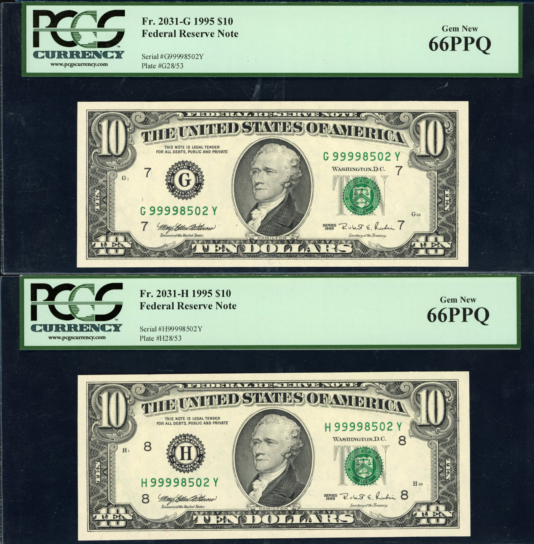 Fr. 2031-G/H (G/HY Blocks) 1995 $10 Federal Reserve Notes With Matching ...