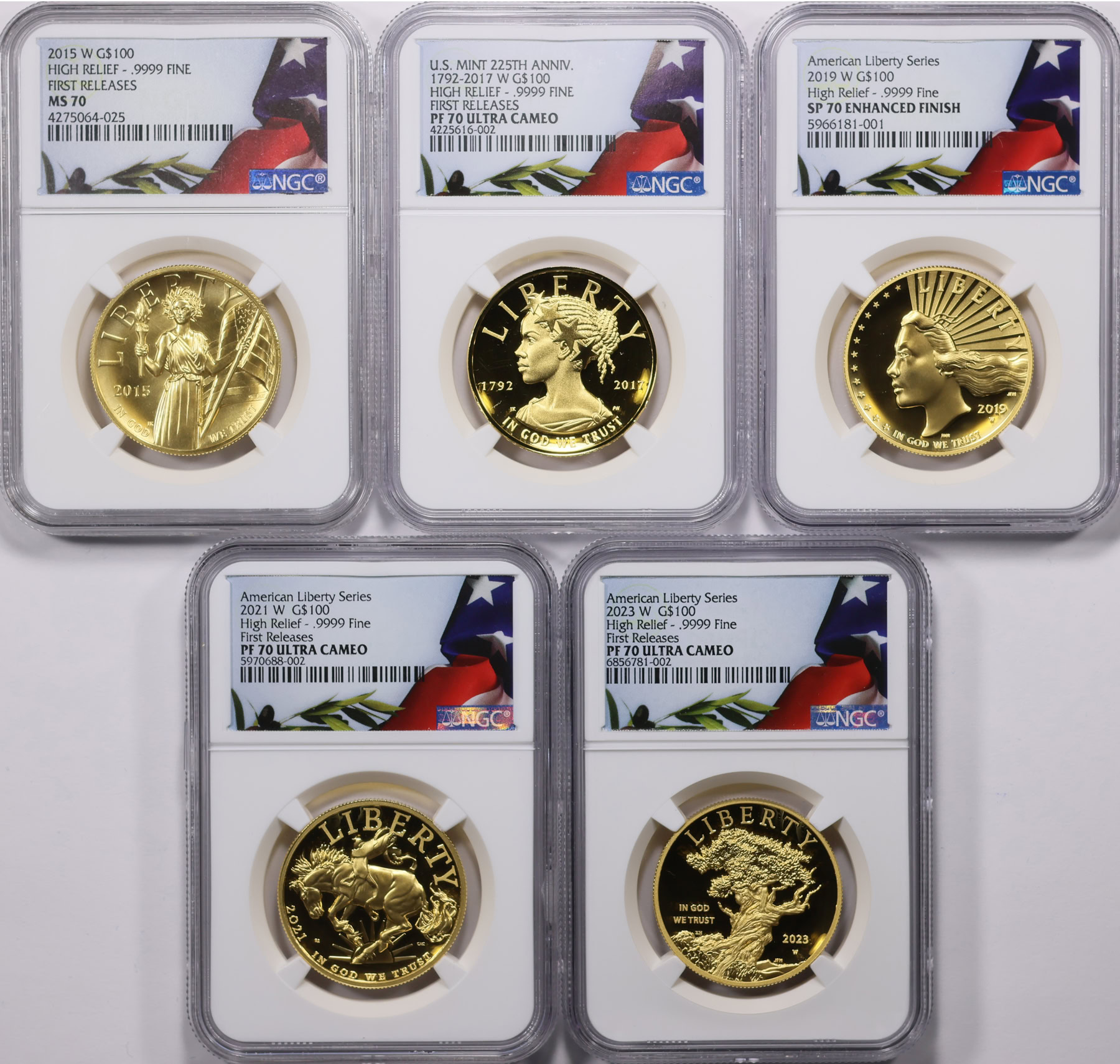 2015-W - 2023-W Gold $100 High Relief Set NGC MS-70/SP-70/Proof-70 UC (5 Coins) (Item 1677310 ...
