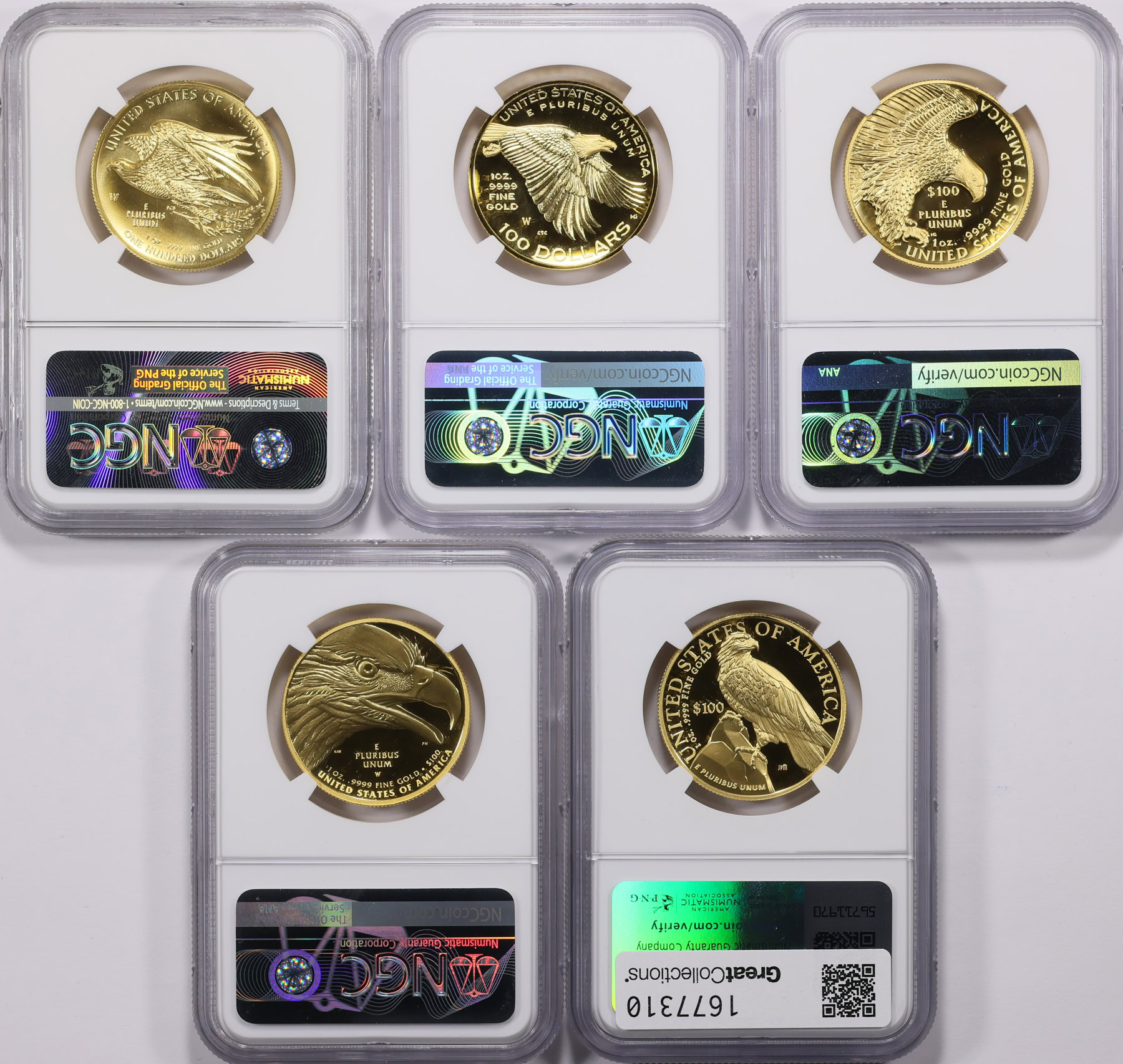 2015-W - 2023-W Gold $100 High Relief Set NGC MS-70/SP-70/Proof-70 UC (5 Coins) (Item 1677310 ...
