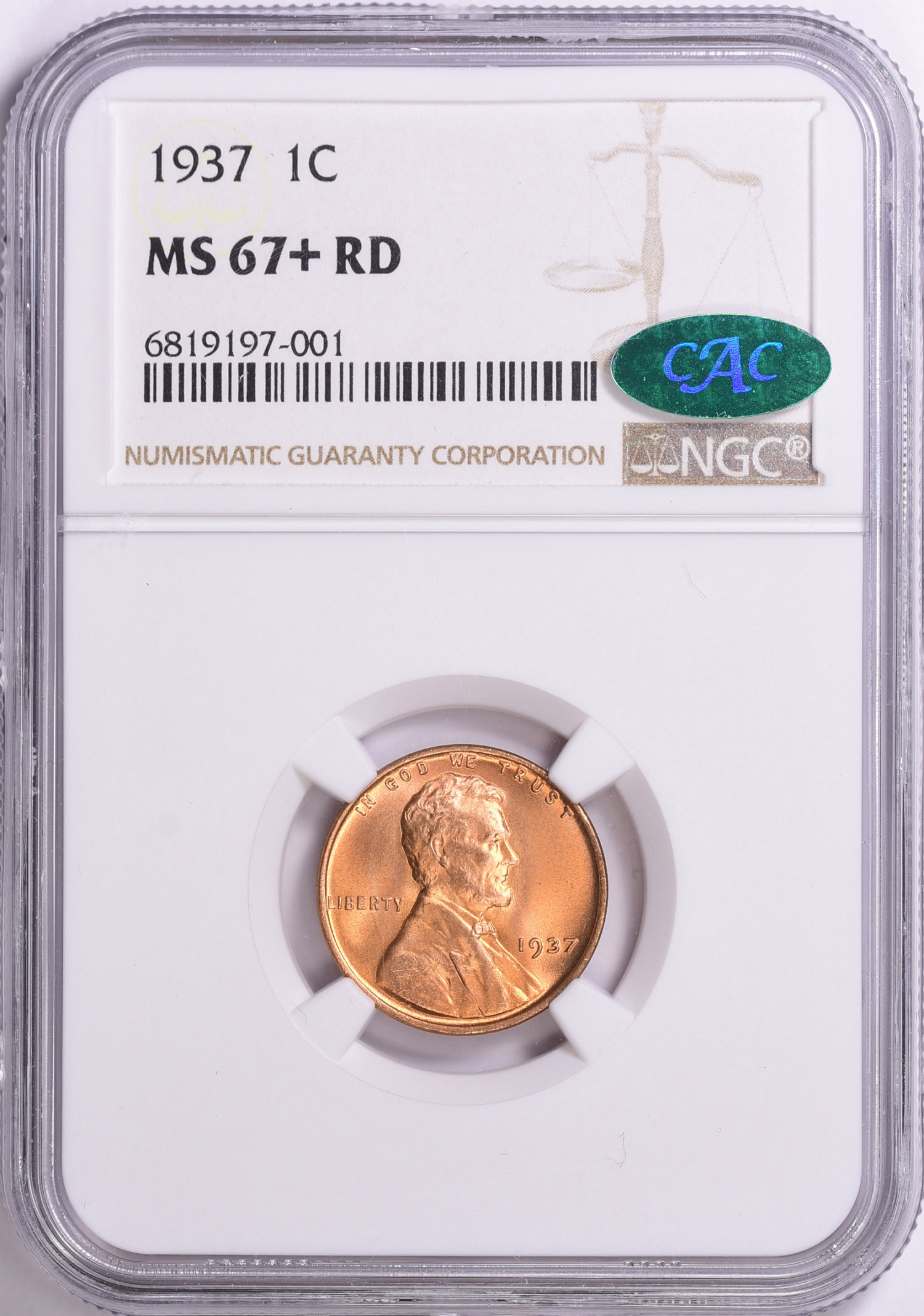 1937 Lincoln Cent NGC MS-67+ RD (CAC Green) (Item 1677952) | GreatCollections Coin Auctions