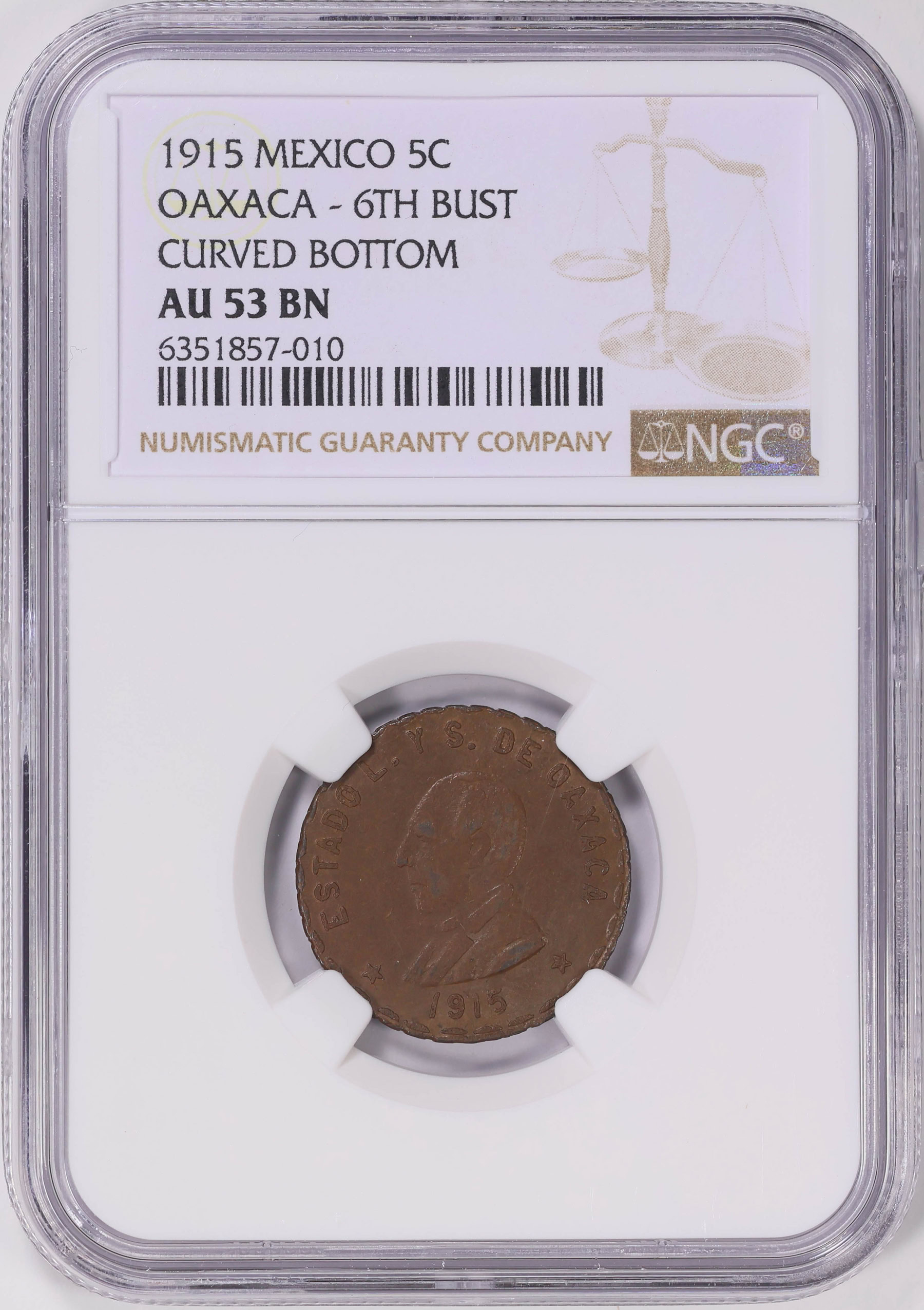 Mexico - Oaxaca 1915 5 Centavos 6th Bust Curved Truncation KM-721 NGC ...