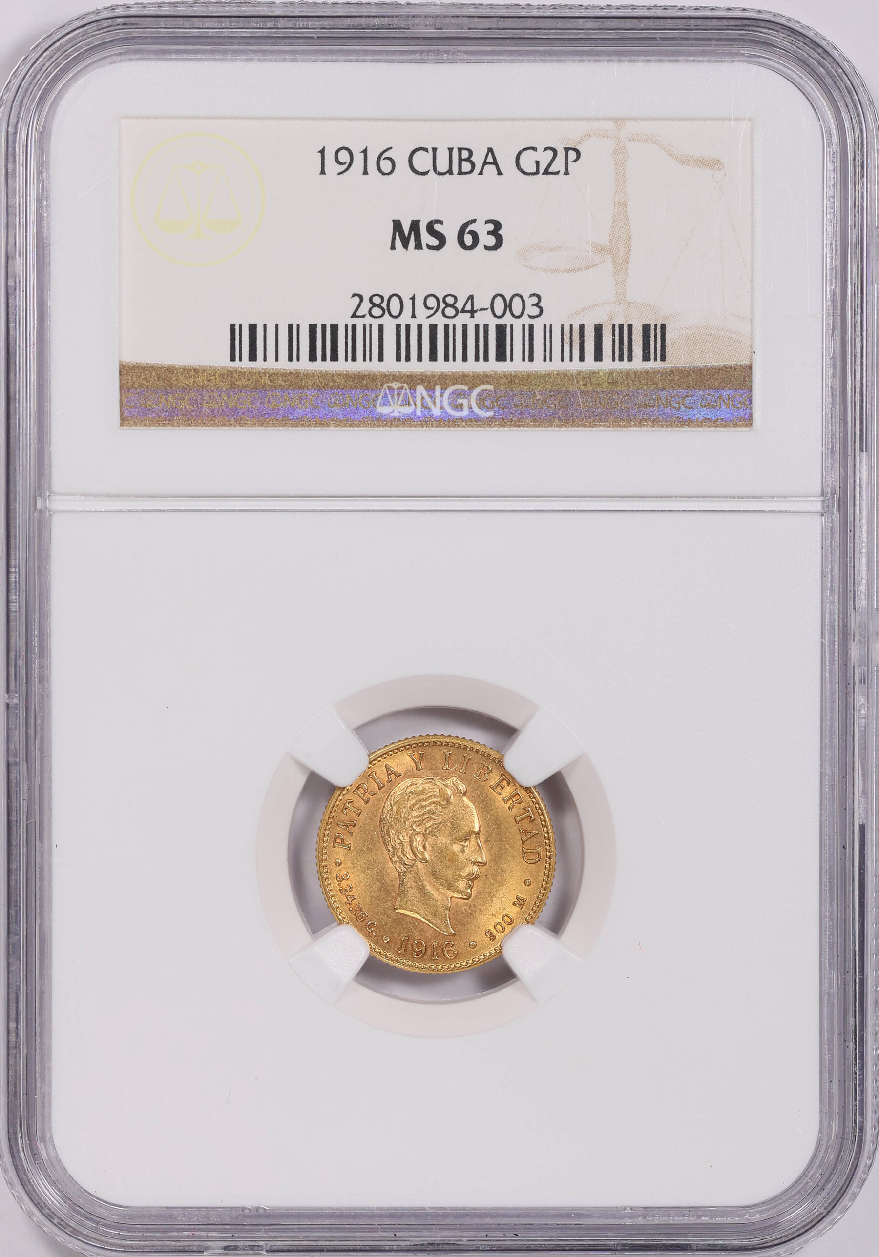 Cuba 1916 Gold 2 Pesos KM-17 NGC MS-63 (AGW = 0.0967 oz.) (Item 1678093 ...