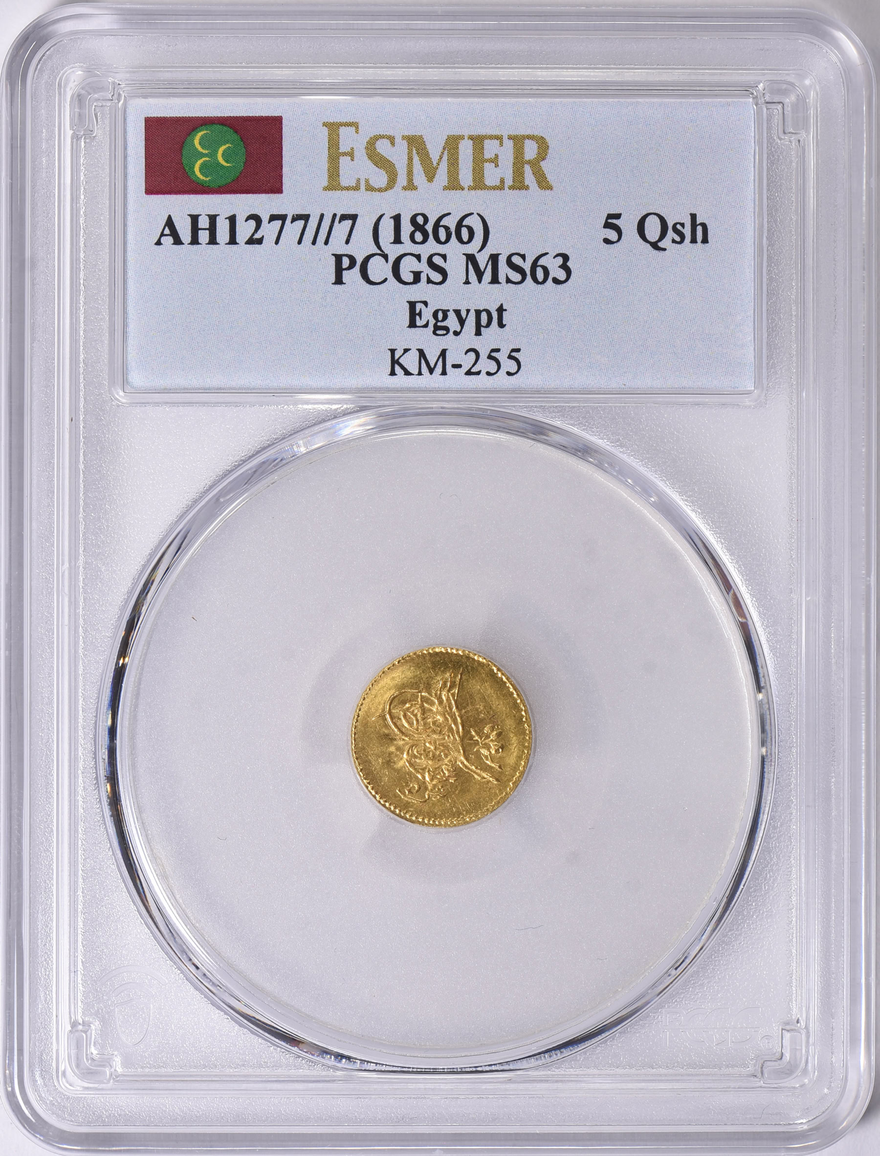 Egypt AH 1277 Year 7 (1866) Gold 5 Qirsh KM-255 PCGS MS-63 (AGW = 0.012 ...
