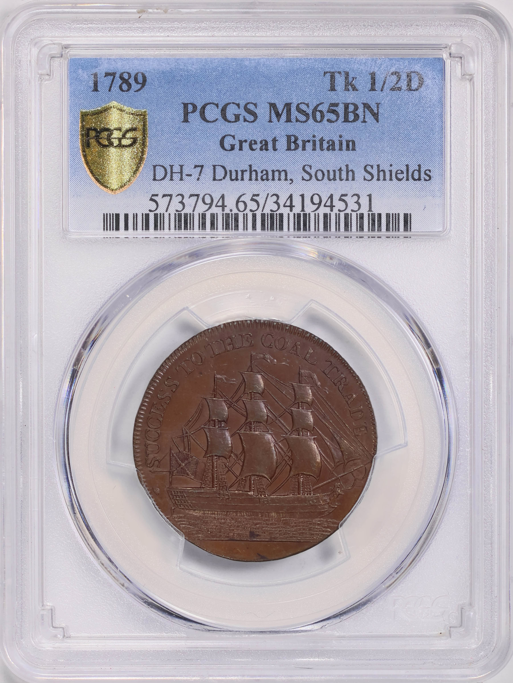 Great Britain 1789 1/2 Penny Token Durham PCGS MS-65 BN (Item 1678443) | GreatCollections Coin ...