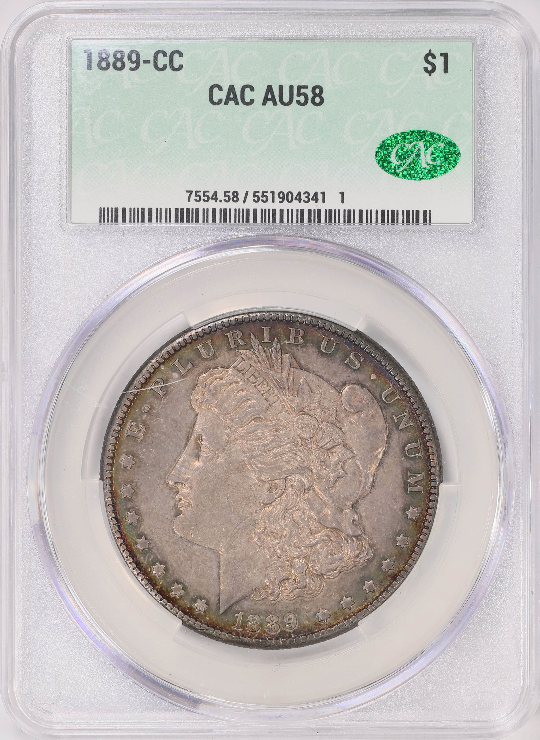 1889-CC Morgan Silver Dollar CACG AU-58 (Toned) (Item 1678552) | GreatCollections Coin Auctions