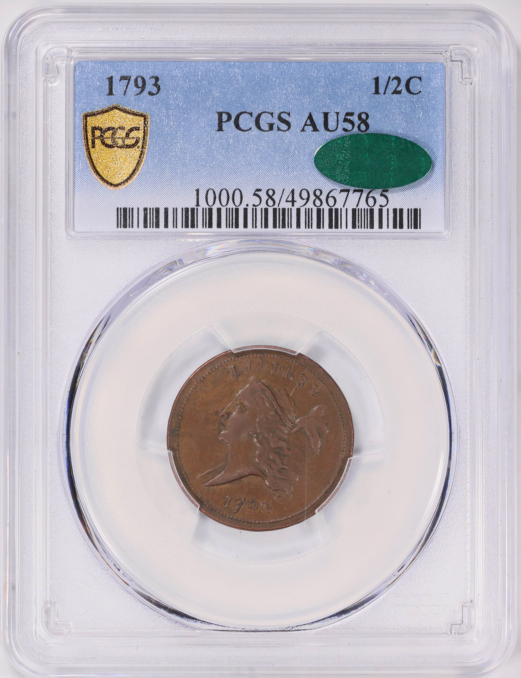 1793 Liberty Cap Half Cent PCGS AU-58 BN (CAC Green) (Item 1678559 ...
