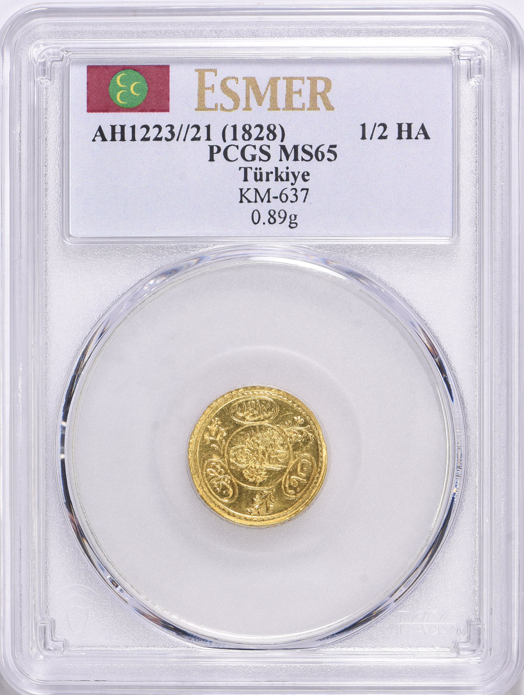 Turkey AH 1223 Year 21 (1828) Gold 1/2 Hayriye Altin KM-637 PCGS MS-65 ...