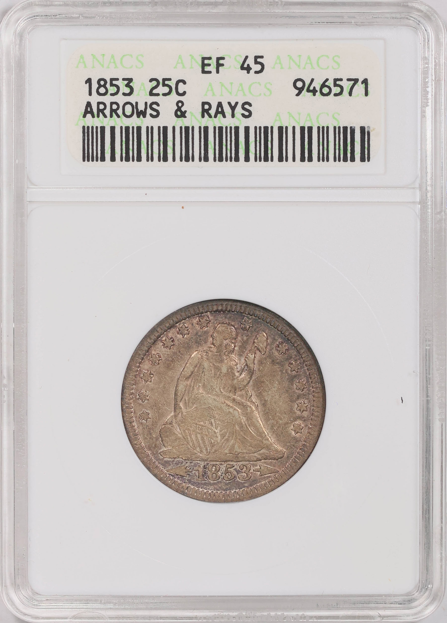 1853 Seated Liberty Quarter Arrows and Rays ANACS EF-45 OH (Item 1678803) | GreatCollections ...