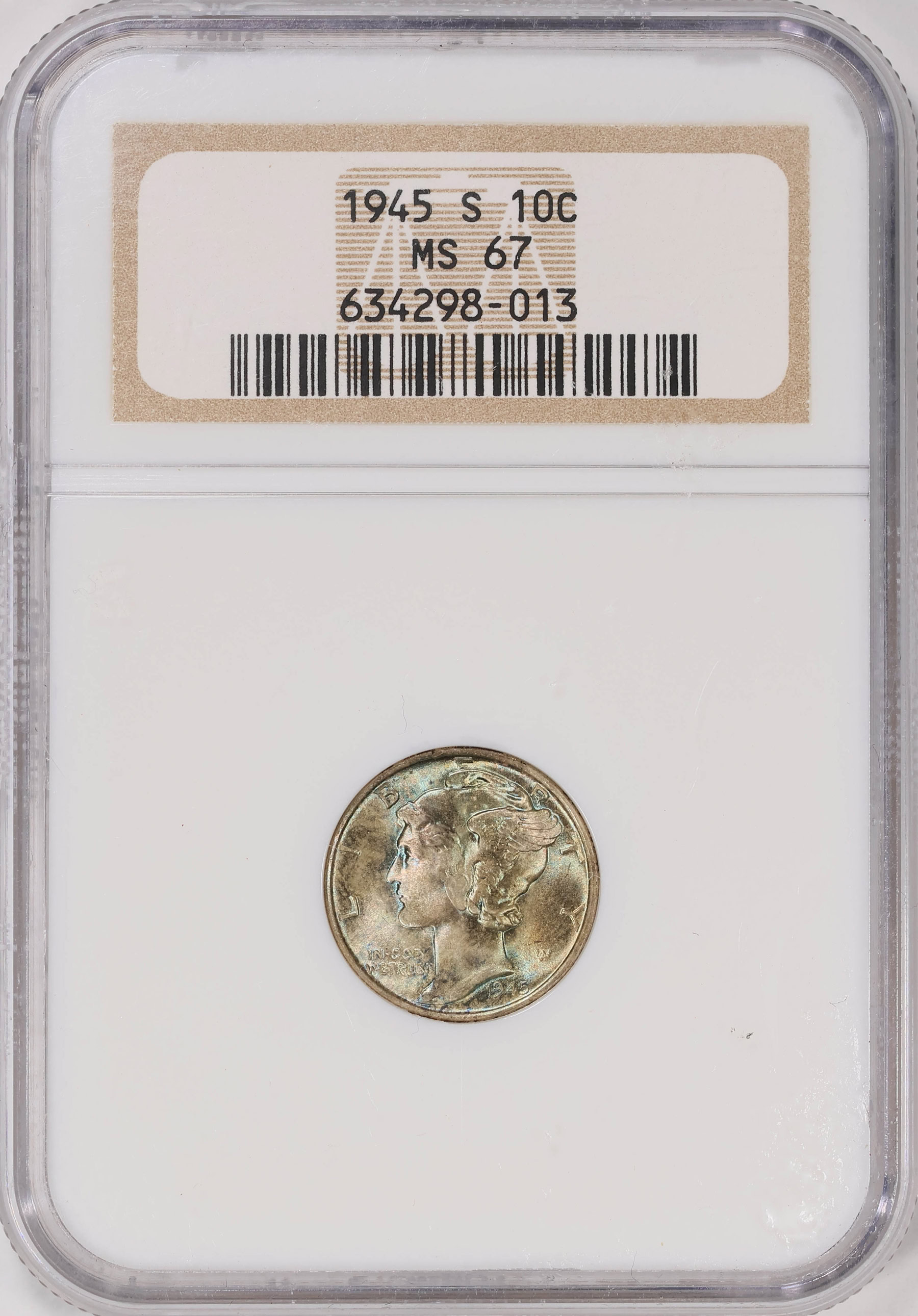 1945-S Mercury Dime NGC MS-67 (Toned) (Item 1679219) | GreatCollections Coin Auctions