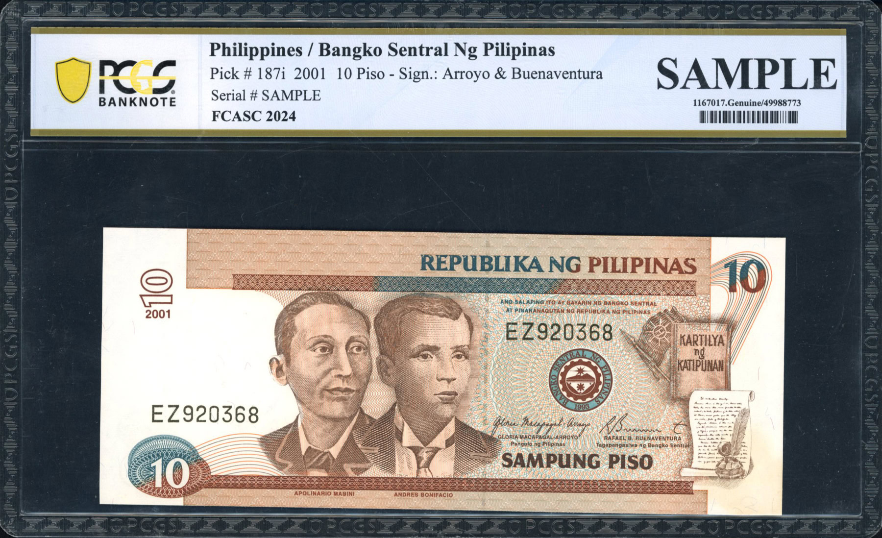 Philippines 2001 10 Piso Bangko Sentral Ng Pilipinas Note SCWPM-187i ...