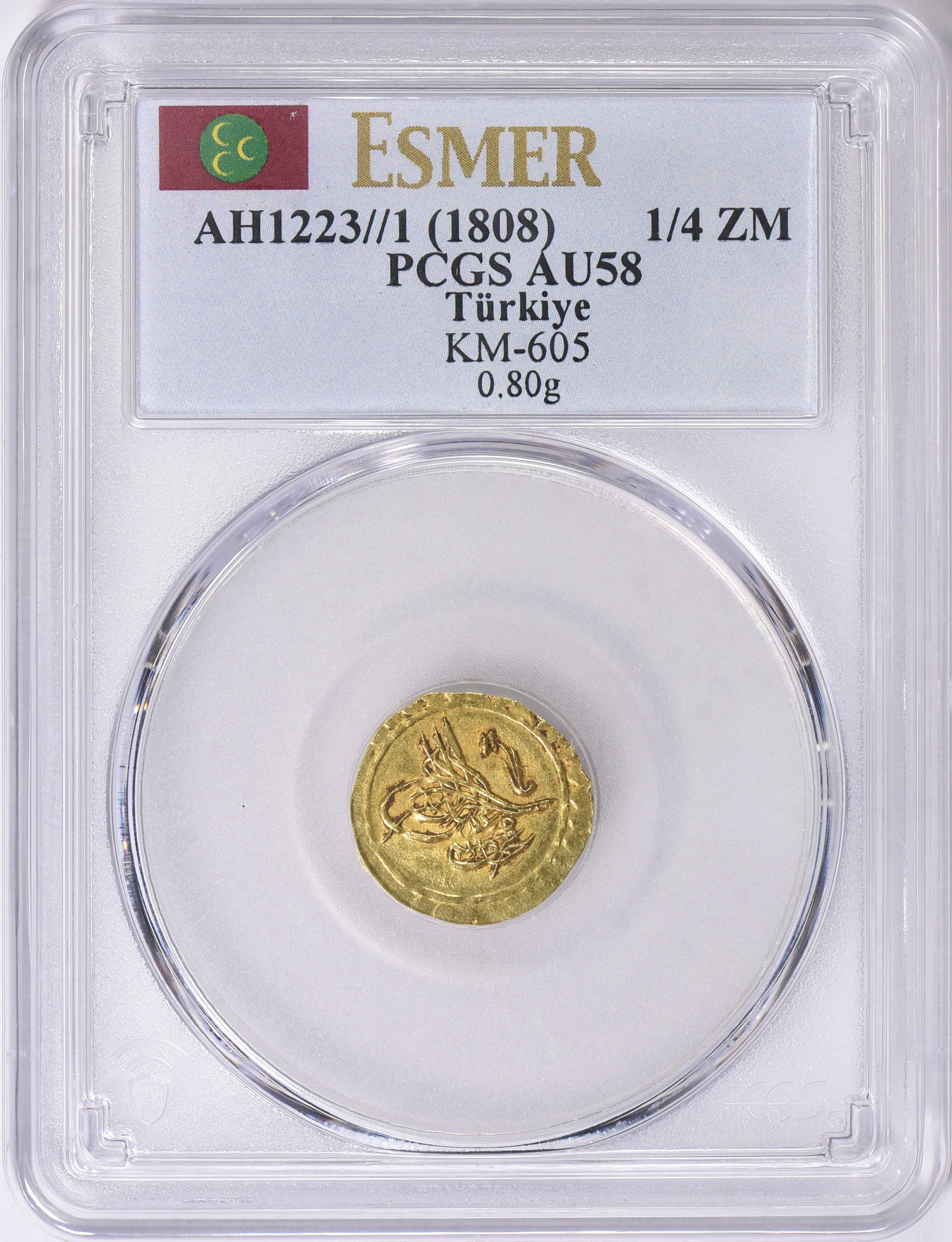 Turkey AH 1223 Year 1 (1808) Gold 1/4 Zeri Mahbub KM-605 PCGS AU-58 (0 ...