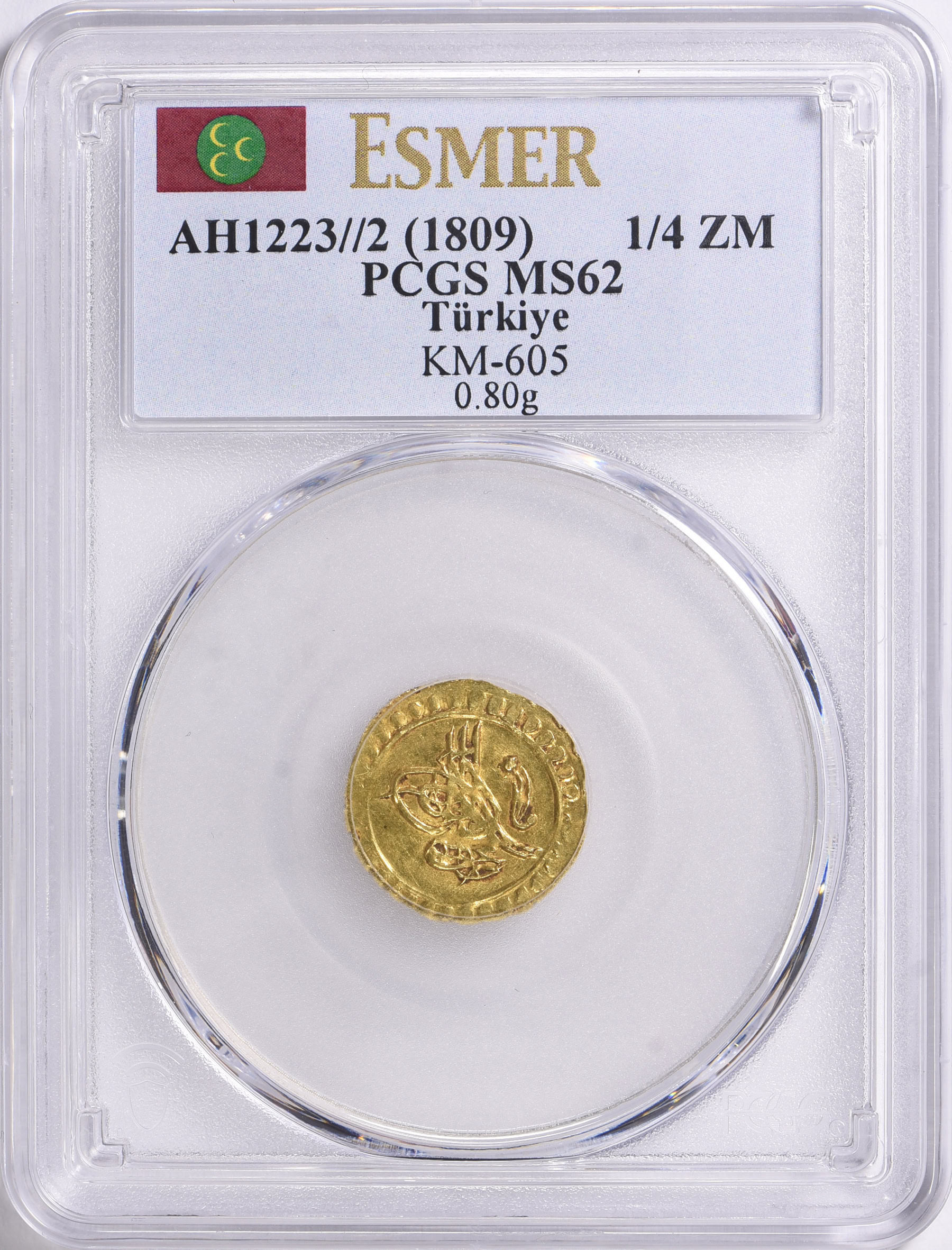 Turkey AH 1223 Year 2 (1809) Gold 1/4 Zeri Mahbub KM-605 PCGS MS-62 (0 ...