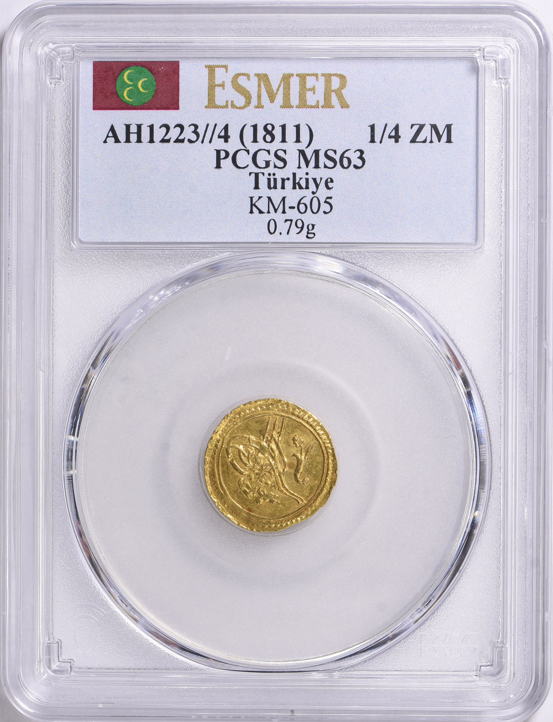 Turkey AH 1223 Year 4 (1811) Gold 1/4 Zeri Mahbub KM-605 PCGS MS-63 (0 ...