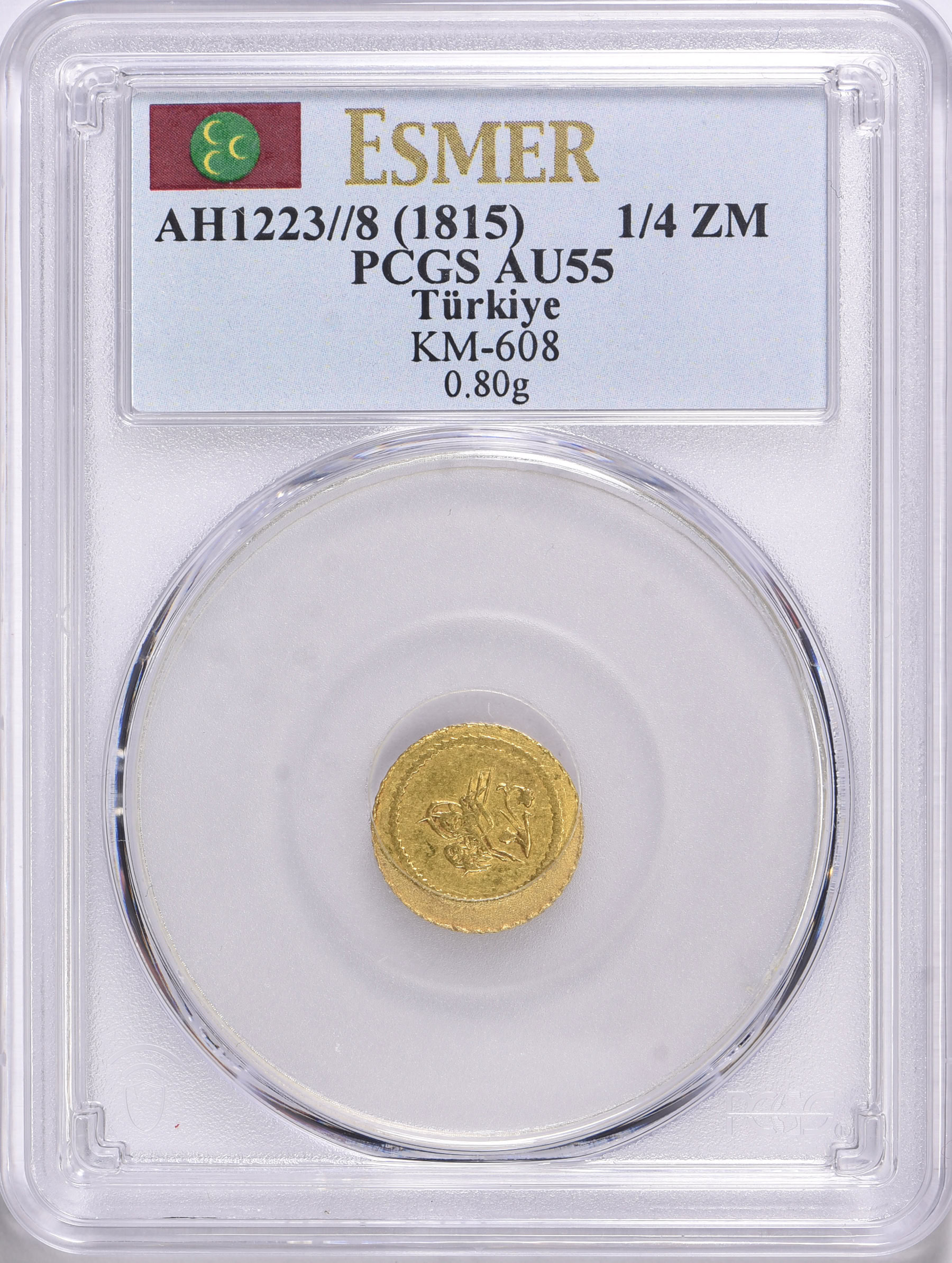 Turkey AH 1223 Year 8 (1815) Gold 1/4 Zeri Mahbub KM-608 PCGS AU-55 (0 ...
