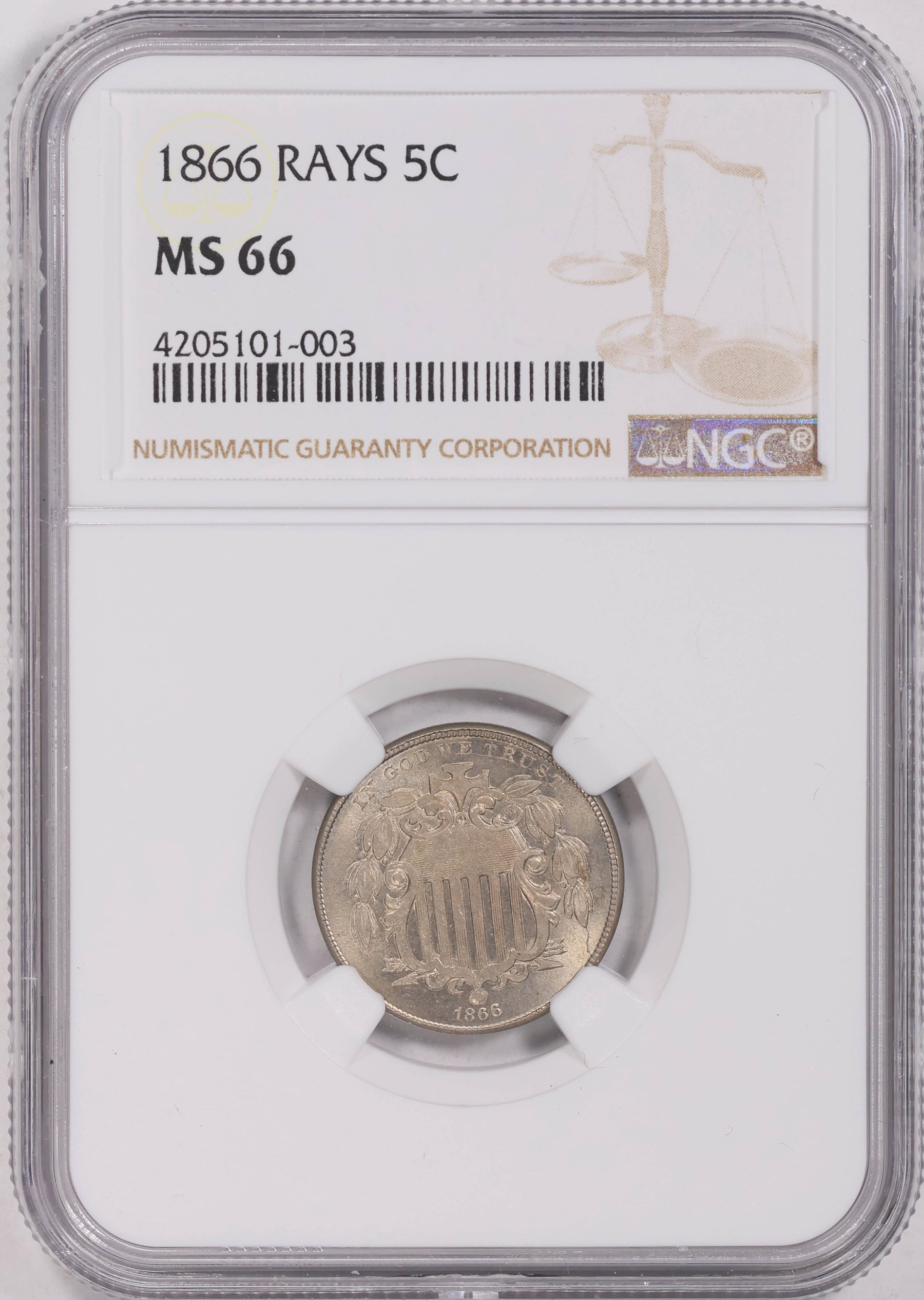 1866 Shield Nickel Rays NGC MS-66 (Item 1679293) | GreatCollections ...