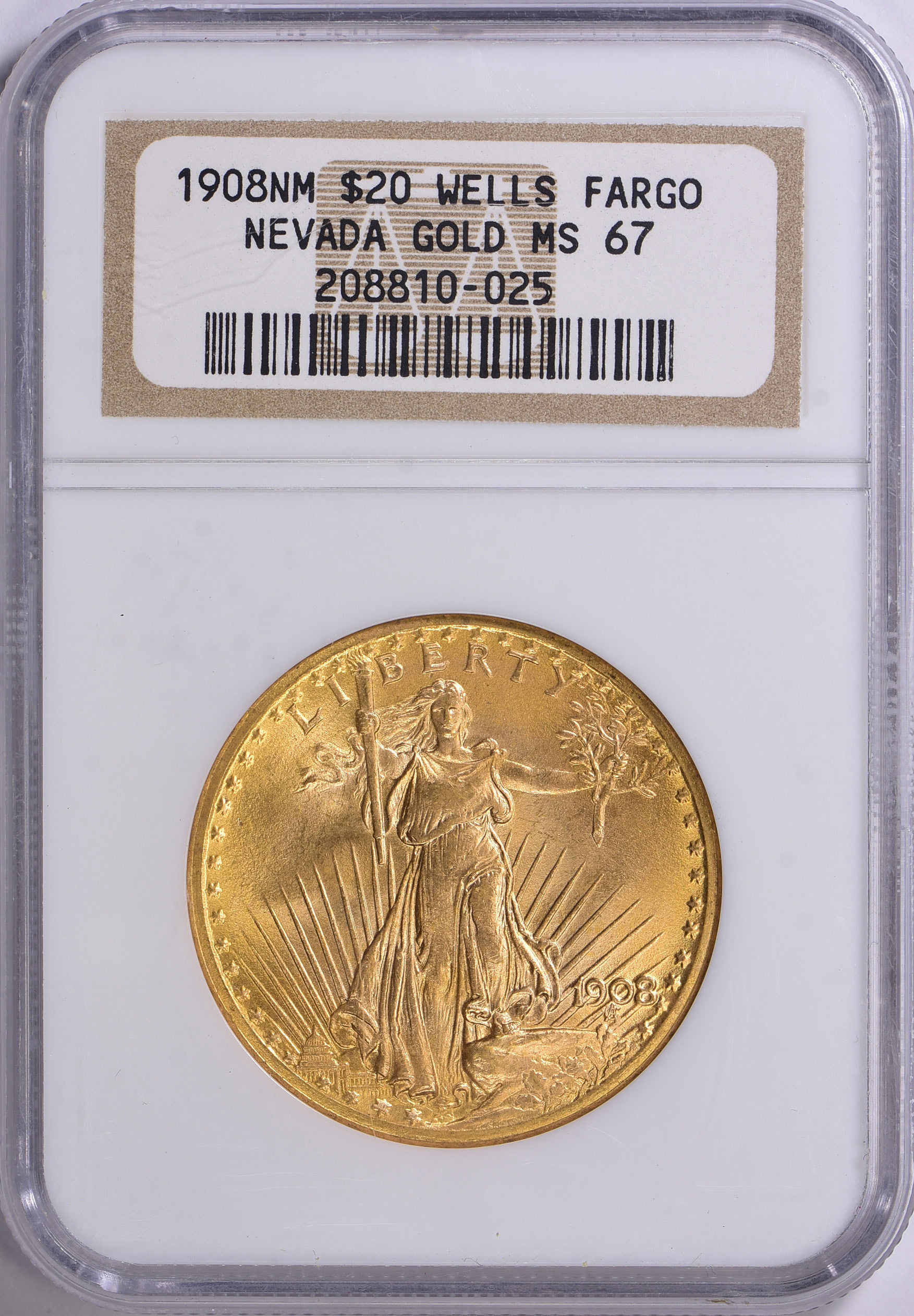 1908 Saint-Gaudens Gold Double Eagle No Motto Wells Fargo Nevada Gold ...