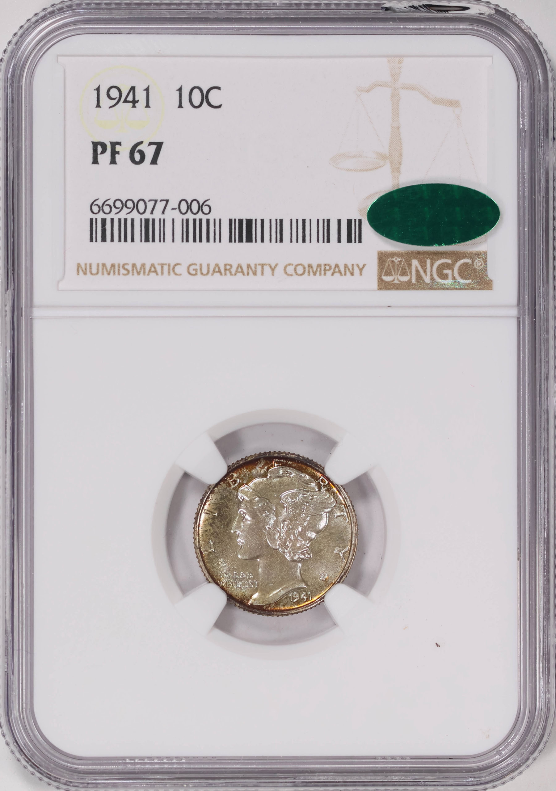 1941 Mercury Dime NGC Proof-67 (CAC Green) (Toned) (Item 1679402) | GreatCollections Coin Auctions