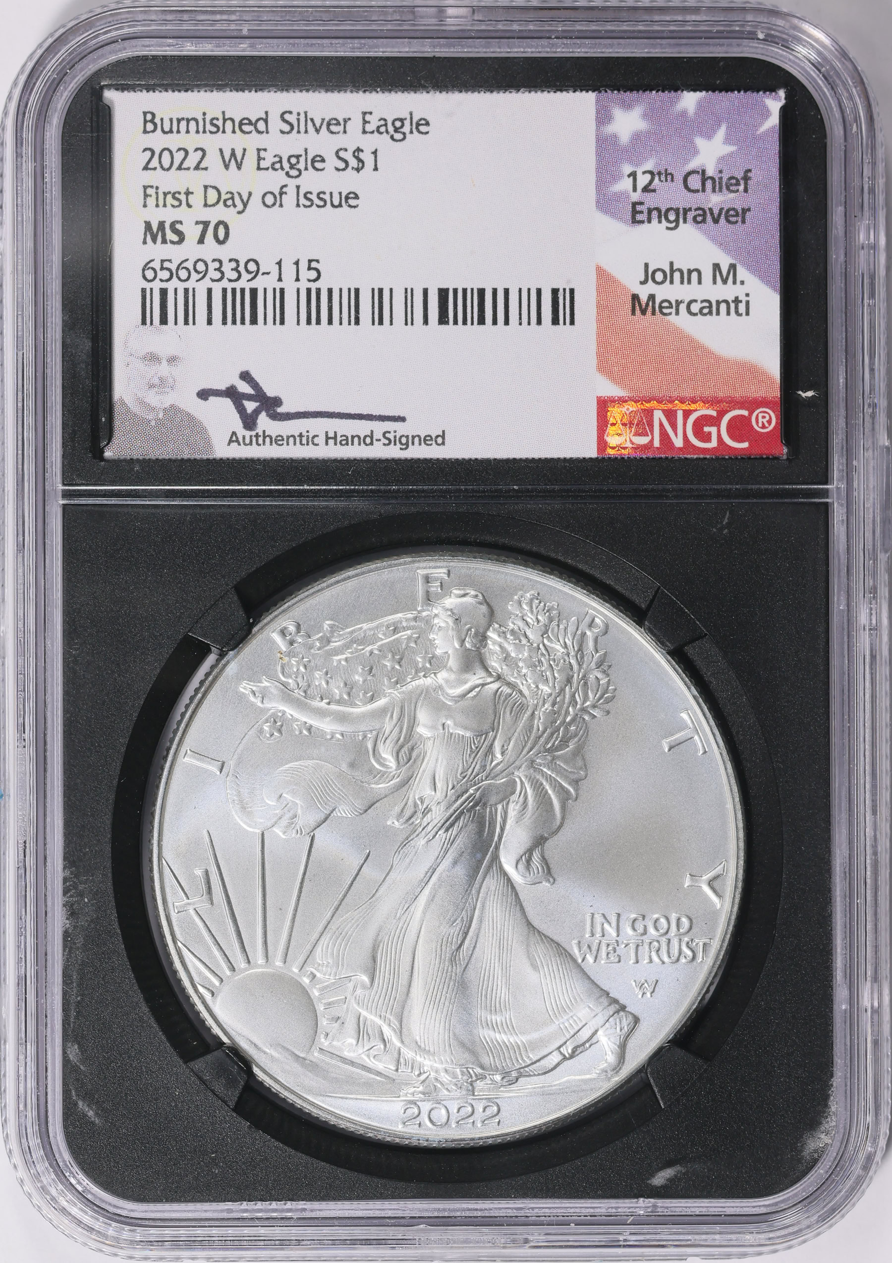 2022-W $1 Silver Eagle Burnished First Day of Issue NGC MS-70 (Mercanti Signed Label) (Black ...