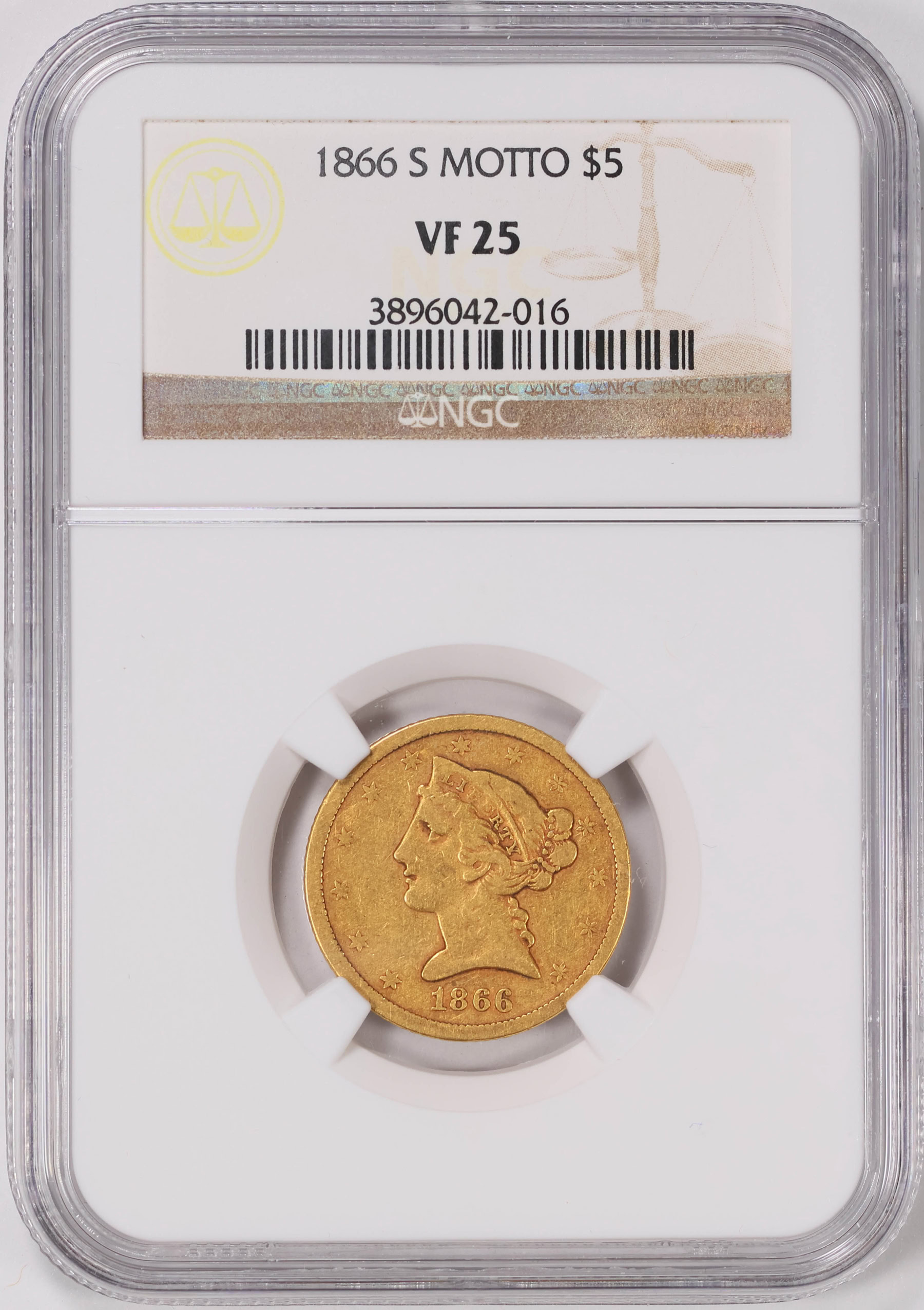 1866-S Liberty Gold Half Eagle Motto NGC VF-25 (Item 1679626) | GreatCollections Coin Auctions