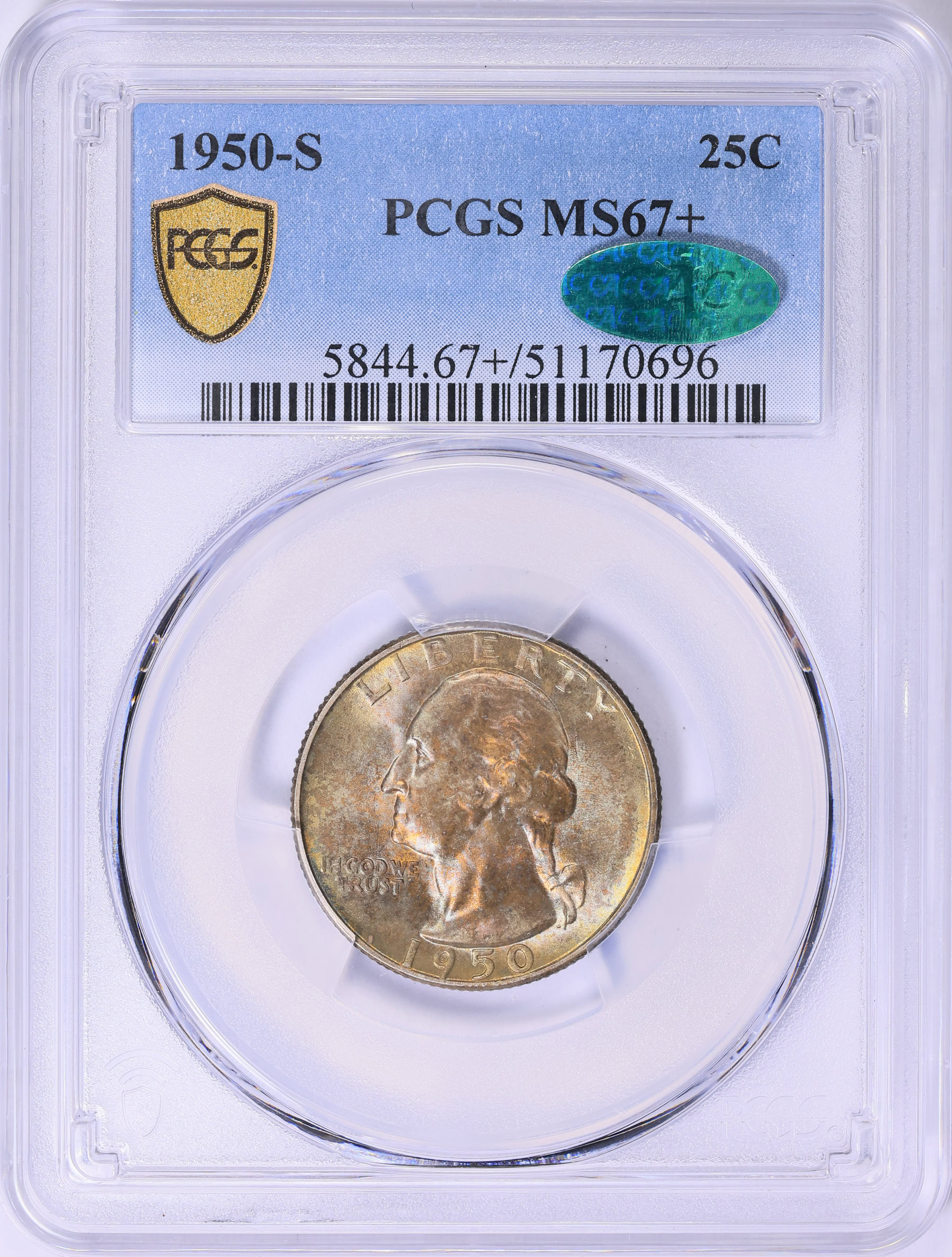 1950-S Washington Quarter PCGS MS-67+ (CAC Green) (Toned) (Item 1679724) | GreatCollections Coin ...