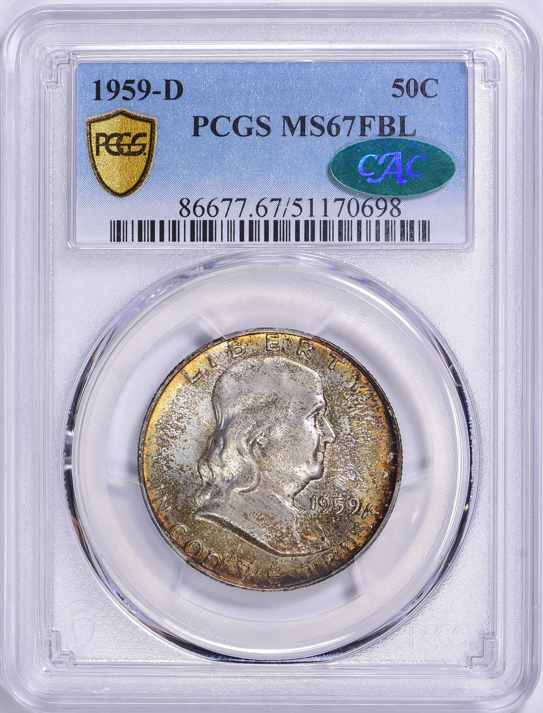 1959-D Franklin Half Dollar PCGS MS-67 FBL (CAC Green) (Toned) (Item ...