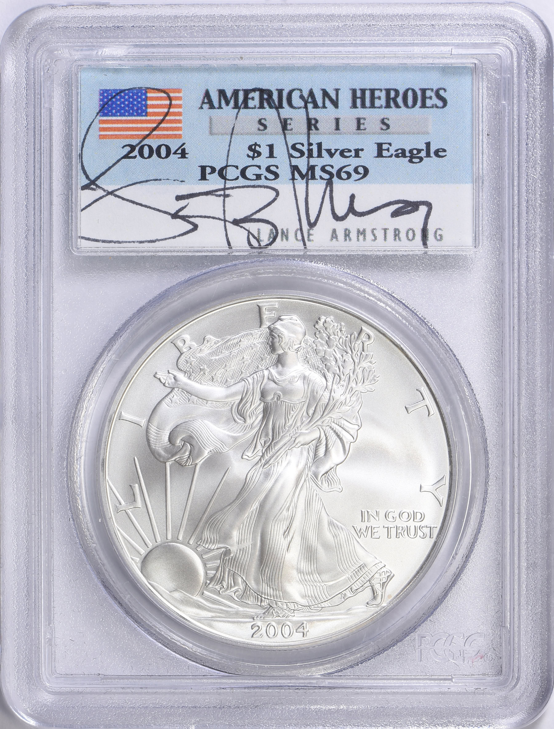 2004 $1 Silver Eagle American Heroes Lance Armstrong Signed PCGS MS-69 ...