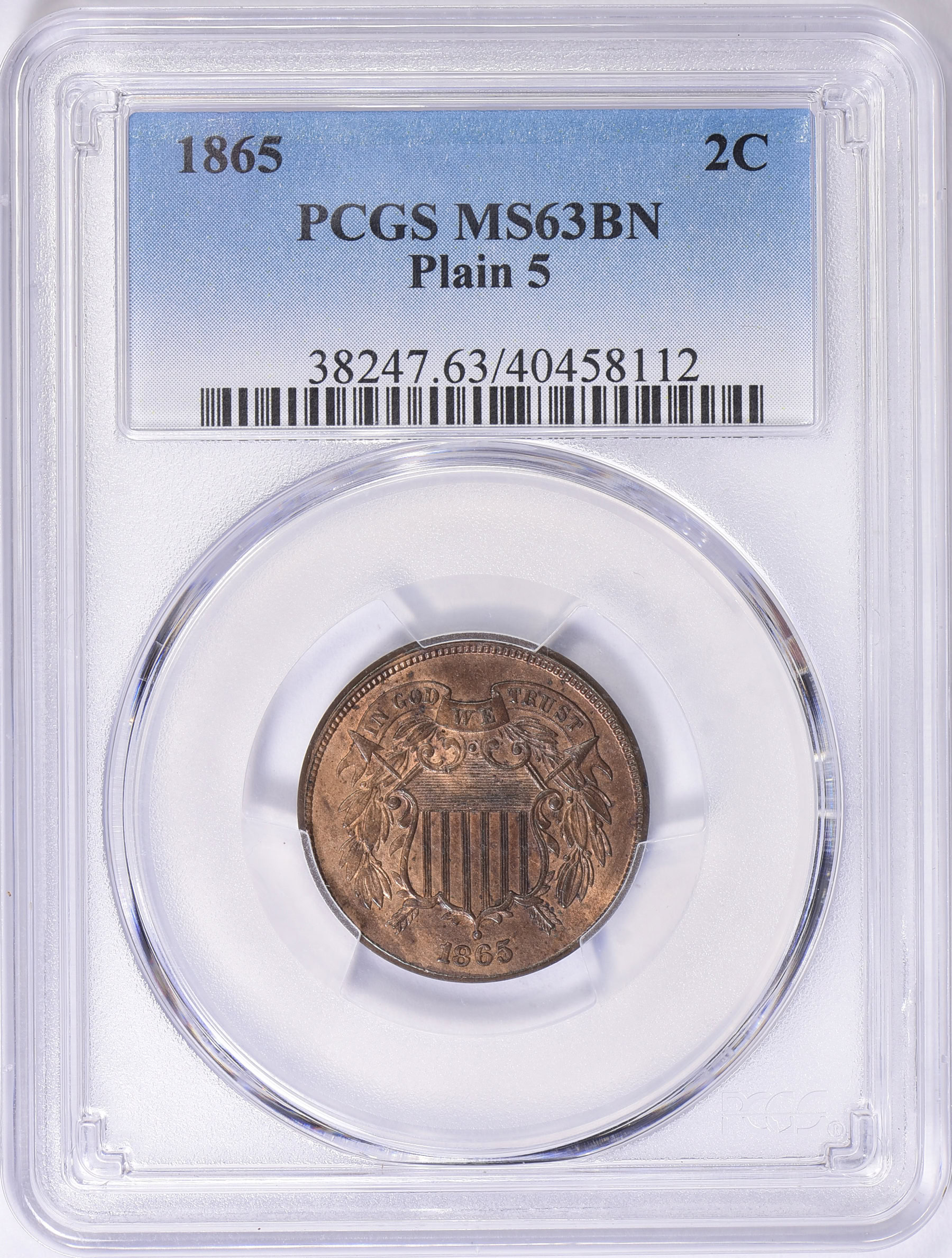 1865 Two-Cent Piece Plain 5 PCGS MS-63 BN (Item 1679917) | GreatCollections Coin Auctions