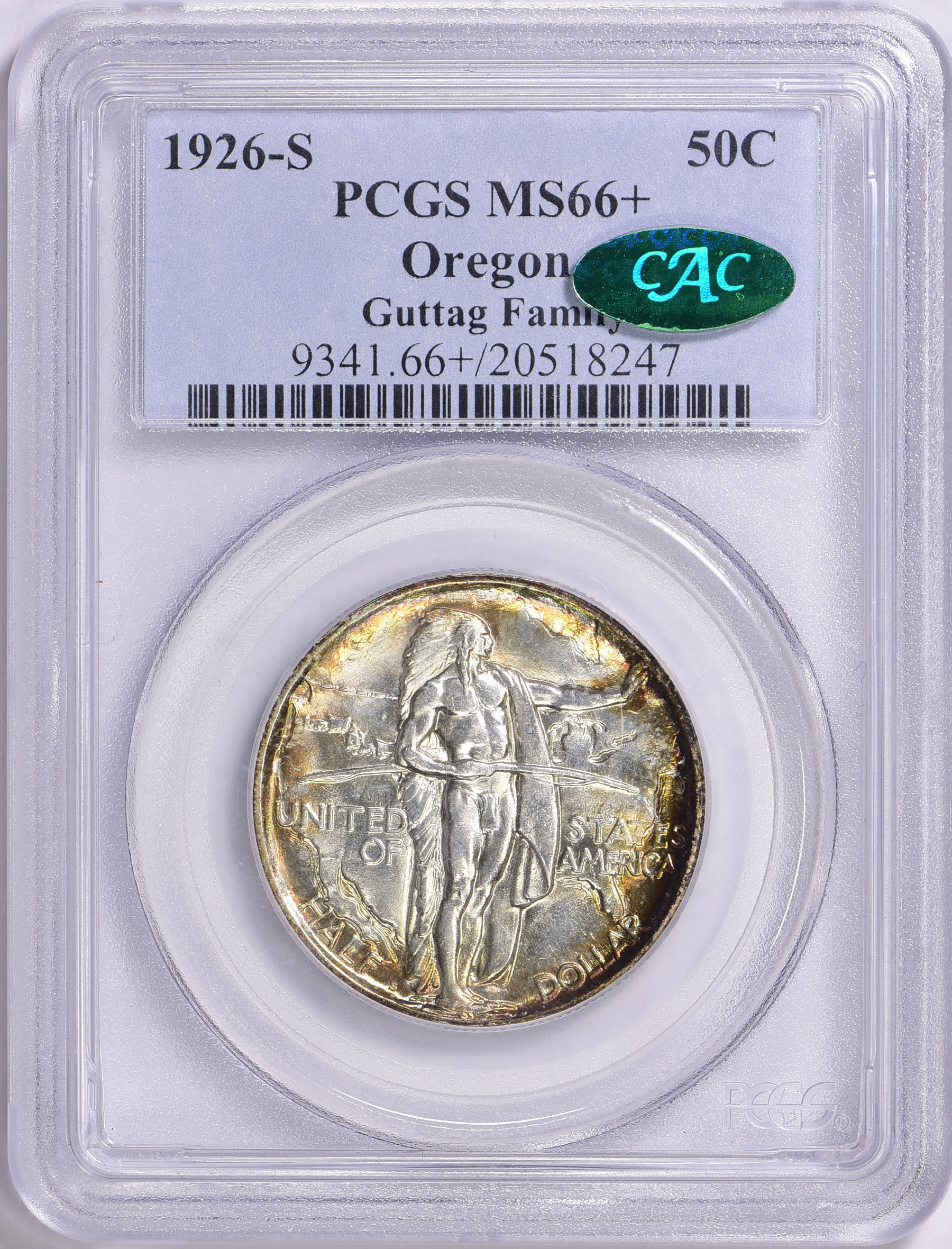 1926-S Oregon Trail Memorial Half Dollar PCGS MS-66+ (CAC Green) (Toned ...