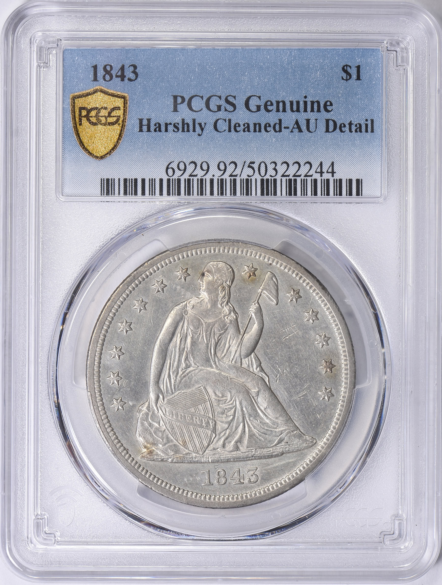 1843 Seated Liberty Silver Dollar PCGS Genuine AU Details (Item 1680957) | GreatCollections Coin ...
