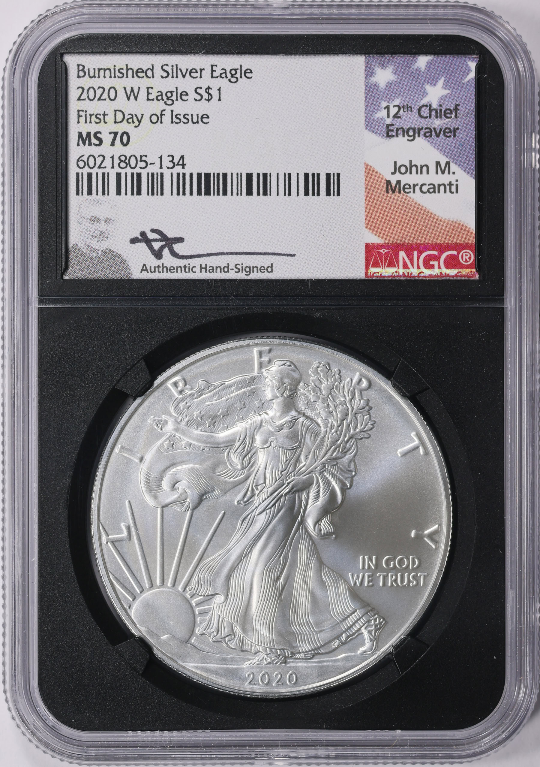 2020-W $1 Silver Eagle First Day of Issue Burnished NGC MS-70 (Mercanti Signed Label) (Black ...